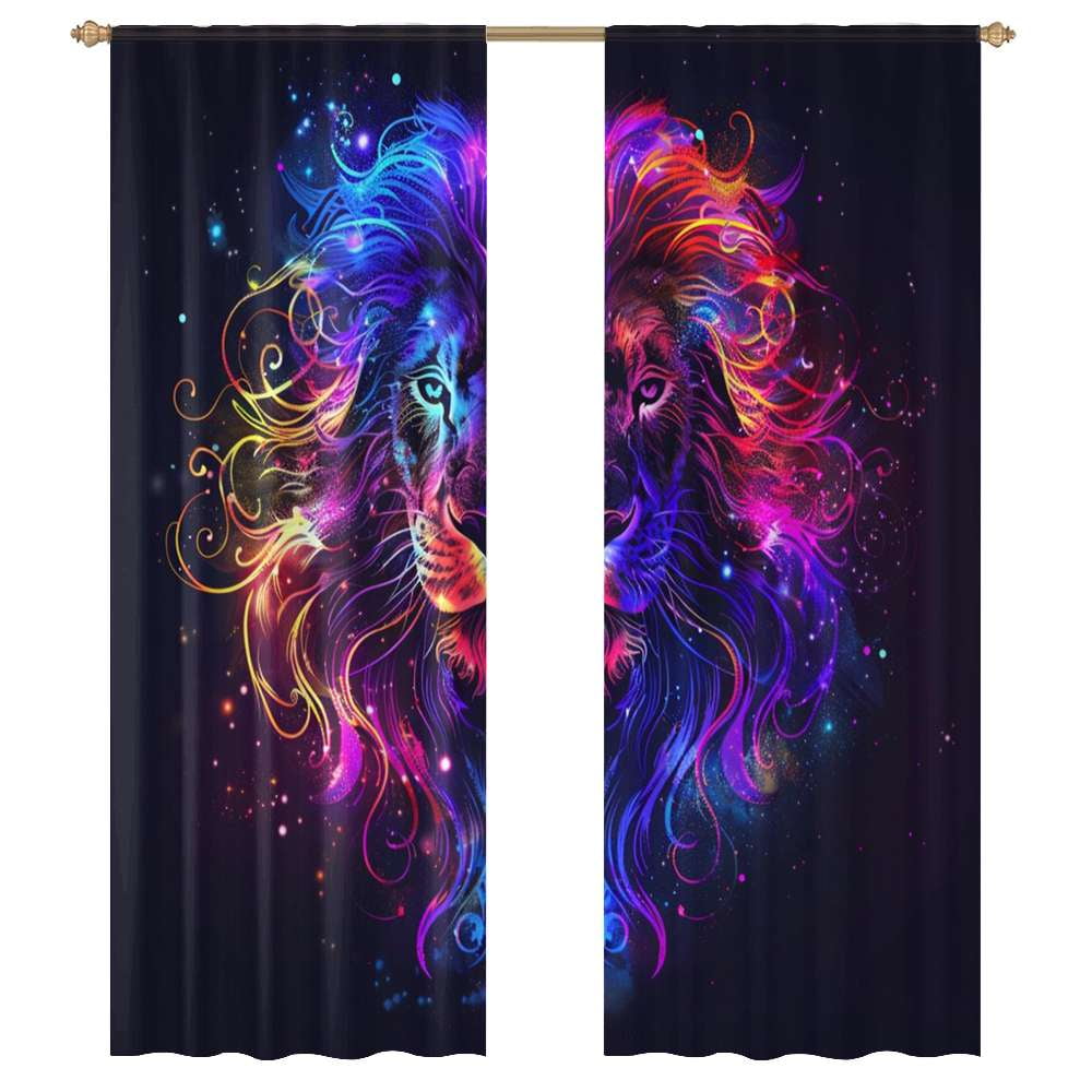 Colorful Neon Lion Art Sheer Window Curtains for Living Room Kitchen ...