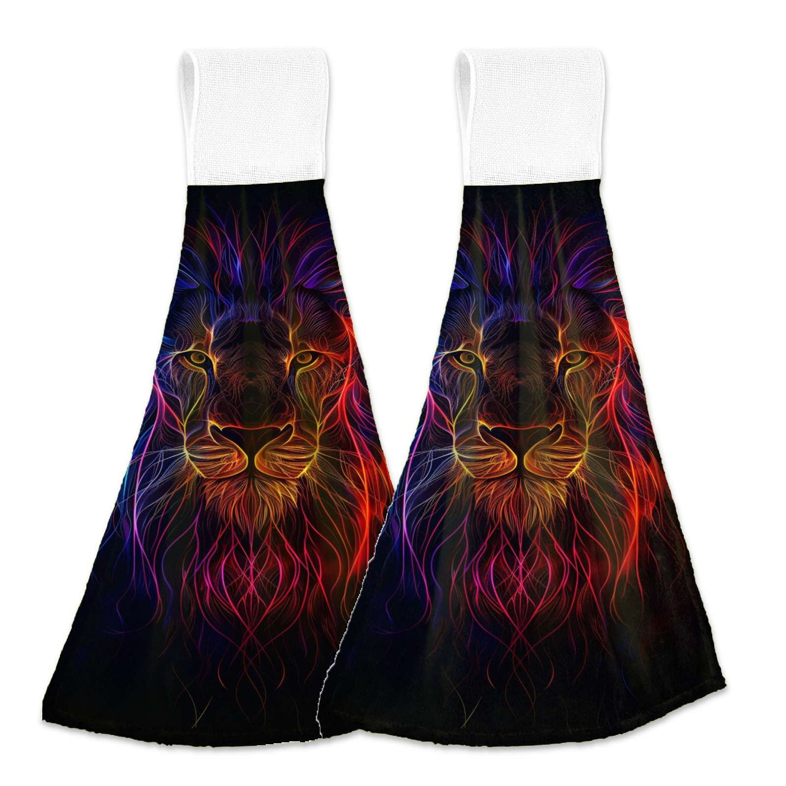 Colorful Neon Lion Portrait Hanging Kitchen Hand Towels Sets with Loop ...
