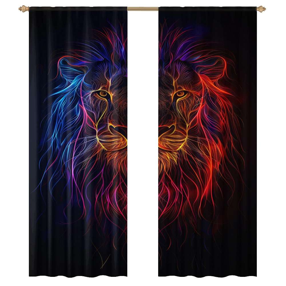 Colorful Neon Lion Portrait Sheer Voile Curtain Window Tulle Curtains ...
