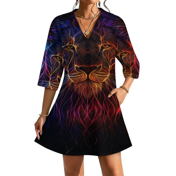 Colorful Neon Lion Portrait Womens Dress With Pockets Summer V Neck 3/4 ...