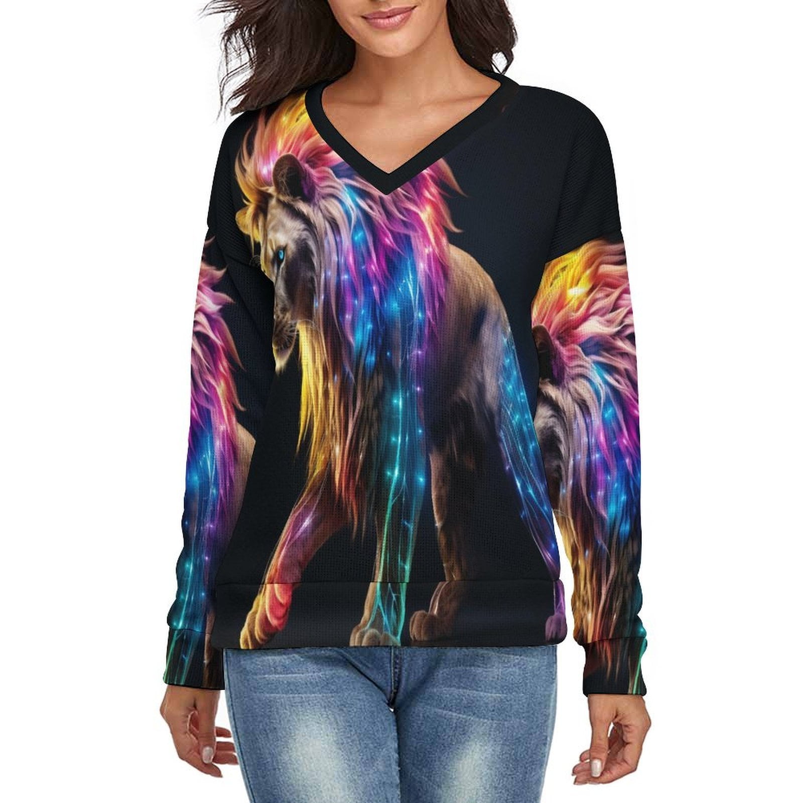 Colorful Neon Lion V neck Sweater Winter Clothes Long Sleeve Knitwear colorful-neon-lion-v-neck-sweater-winter-clothes-long-sleeve-knitwear