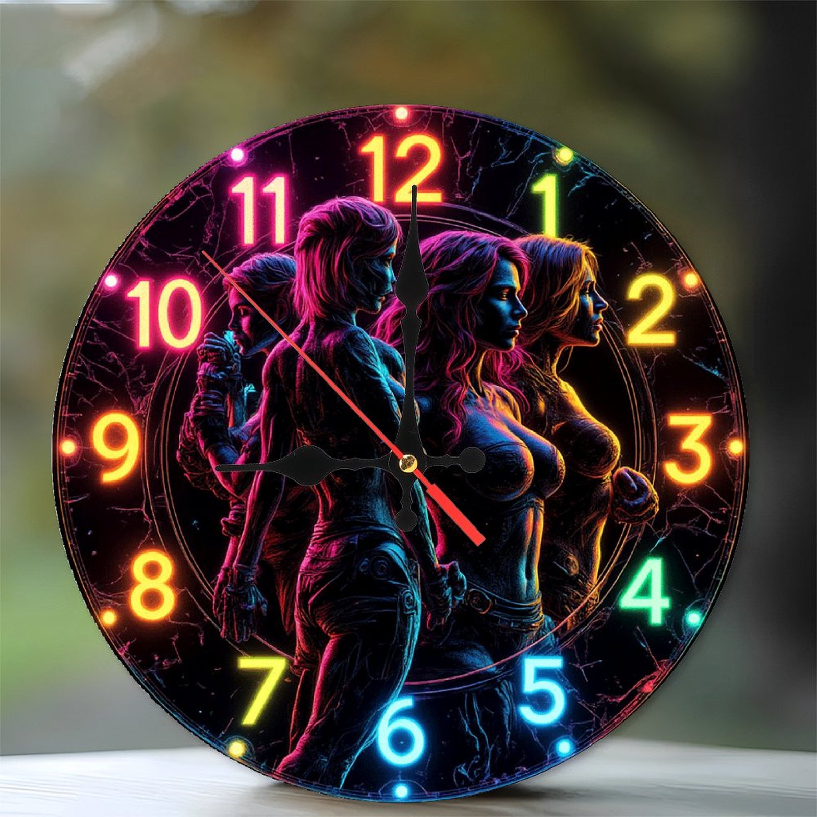 Colorful Neon Wall Clock with Stylish Women Silhouettes 10-Inch Silent ...