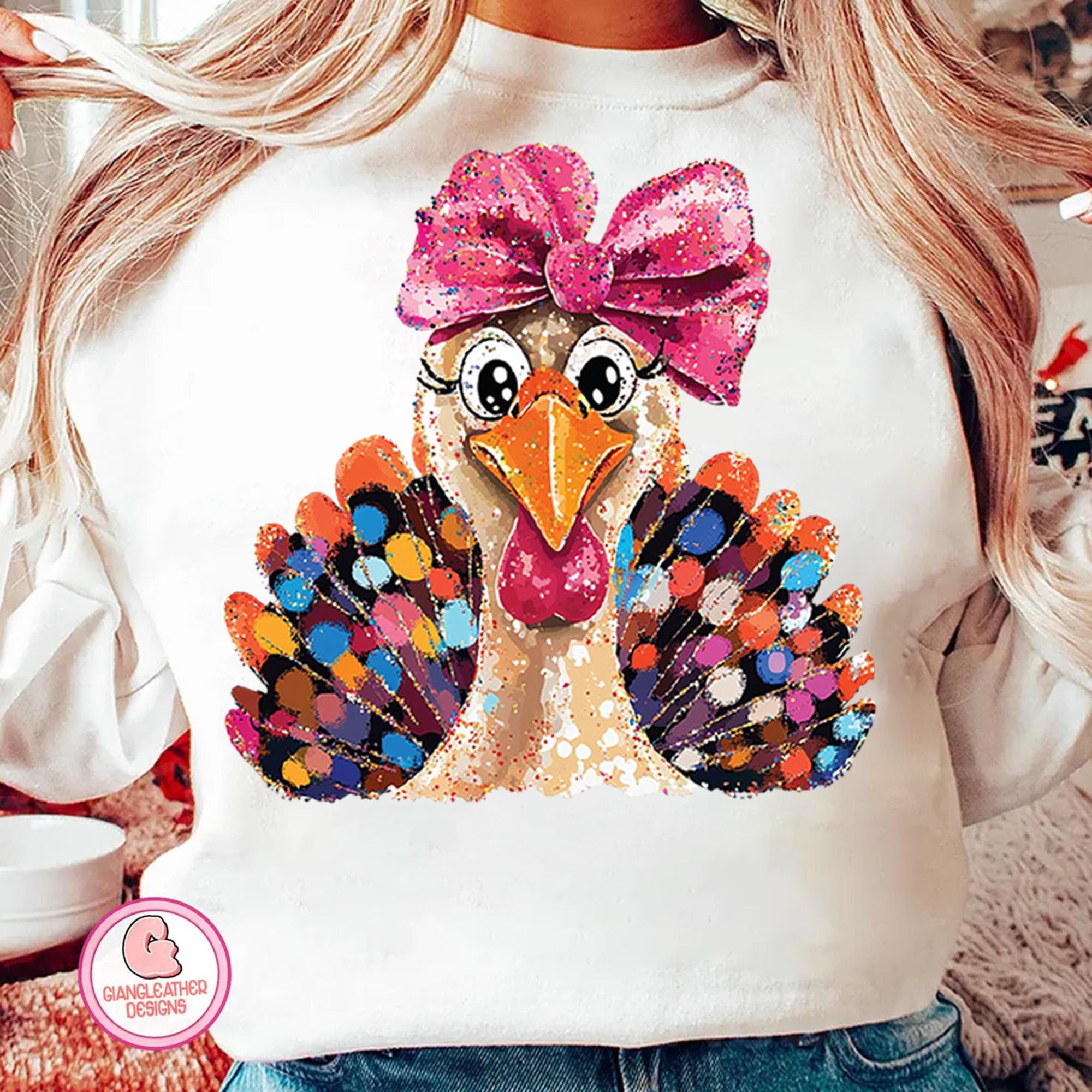 Colorful Non Glitter Coquette Turkey Sweatshirt, Glitter Turkey ...