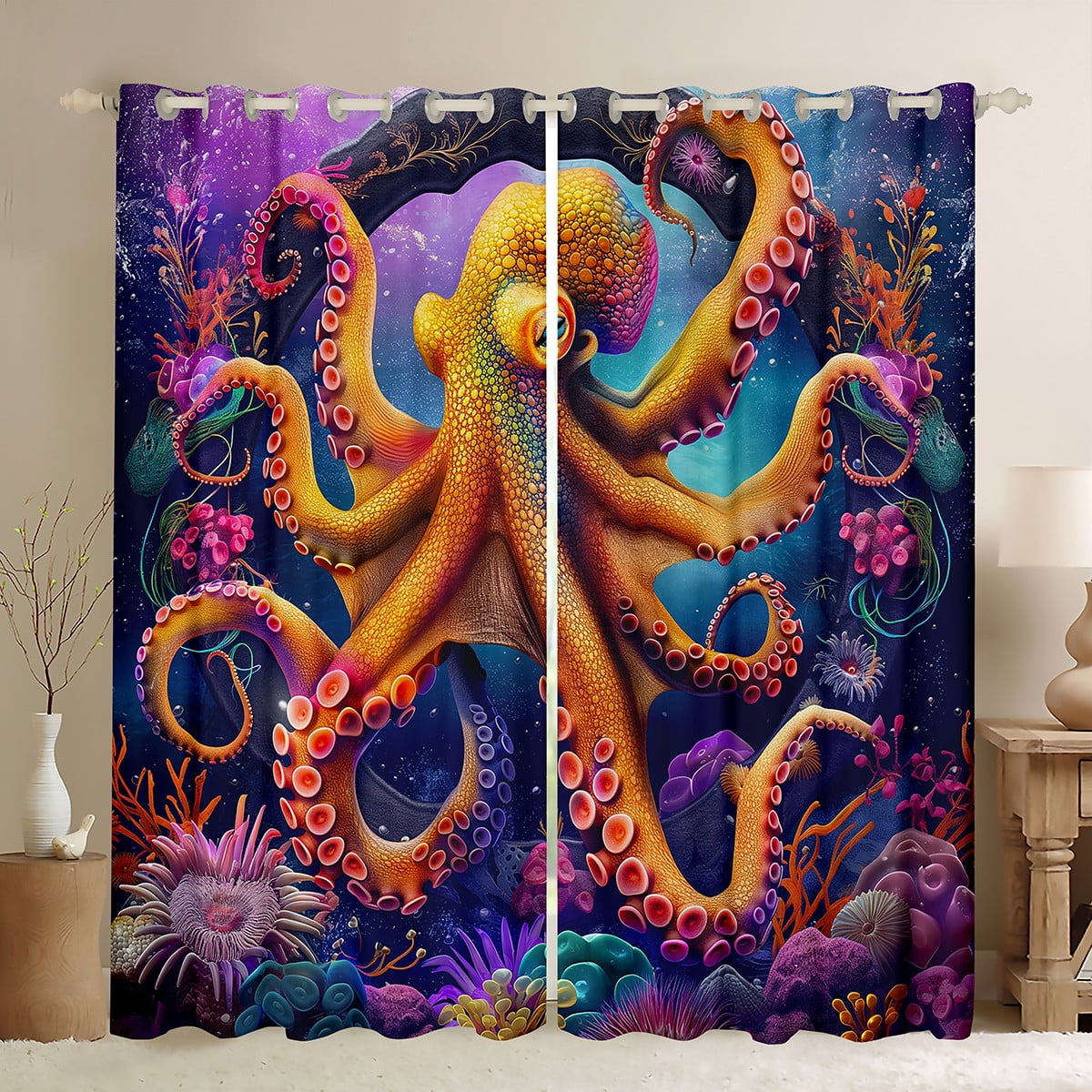 Colorful Octopus Curtains,Ocean Creature Sea Animal Curtains Bedroom ...