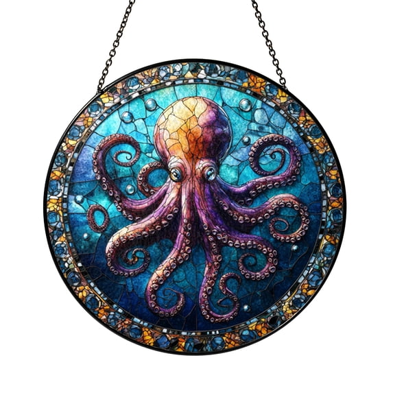 Colorful Octopus Marine Design Stained Glass Style Window Hanging Decor ...