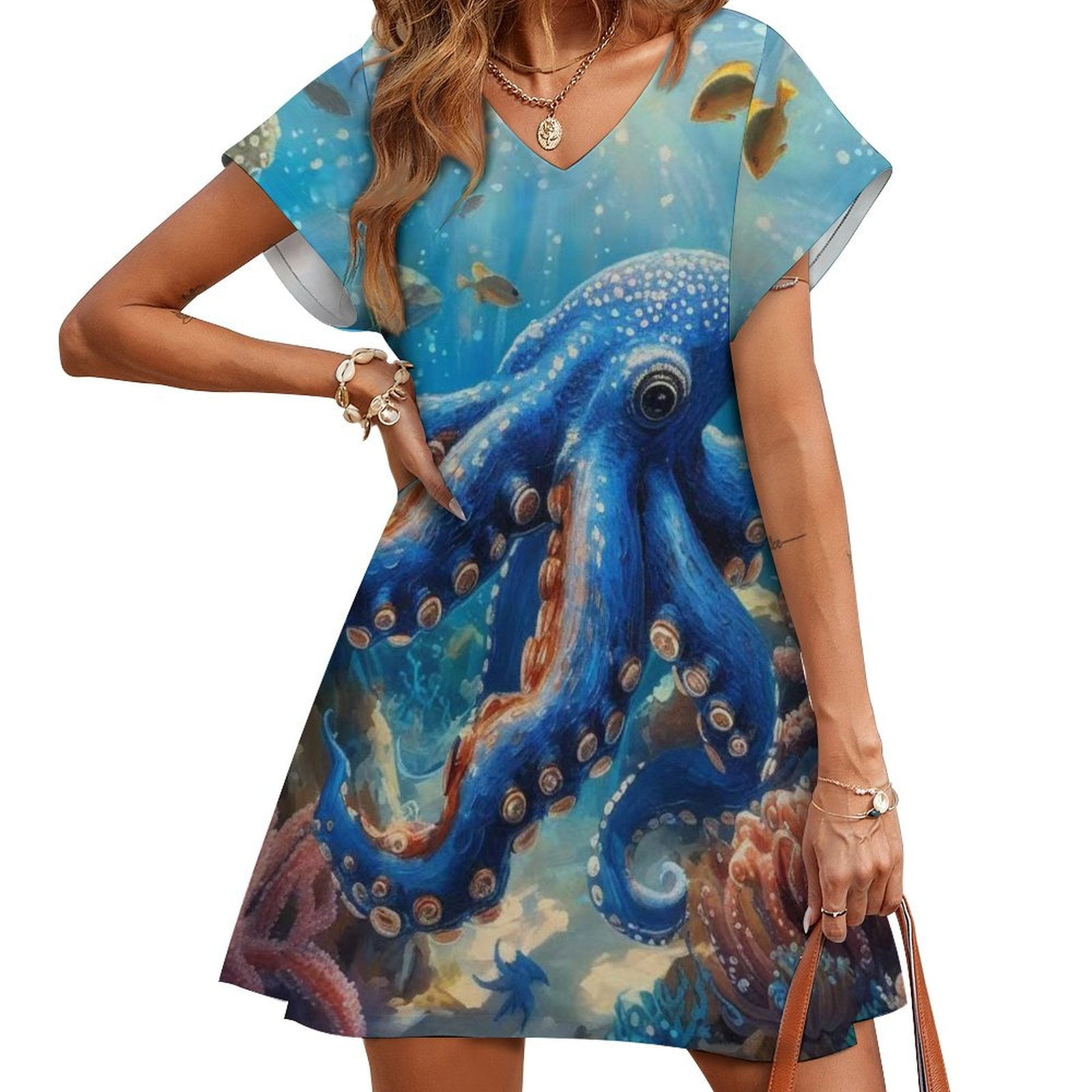 Colorful Octopus Seabed Ladies Summer Short Sleeve Fashion Dress V Neck ...