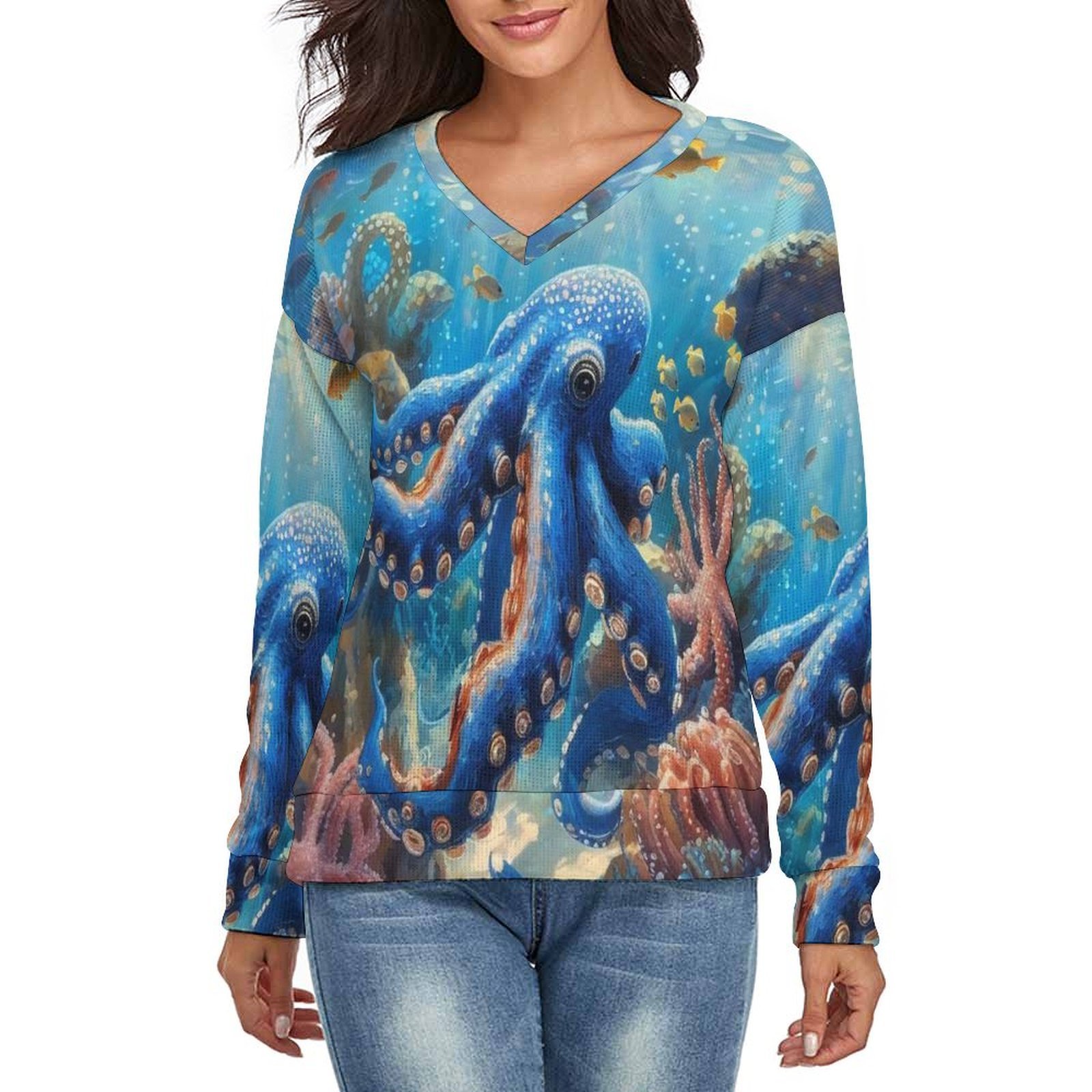 Colorful Octopus Seabed V-neck Sweater Winter Clothes Long Sleeve ...