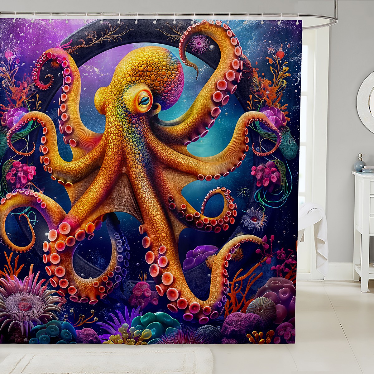 Colorful Octopus Shower Curtain Set,Ocean Creature Sea Animal Bathroom ...