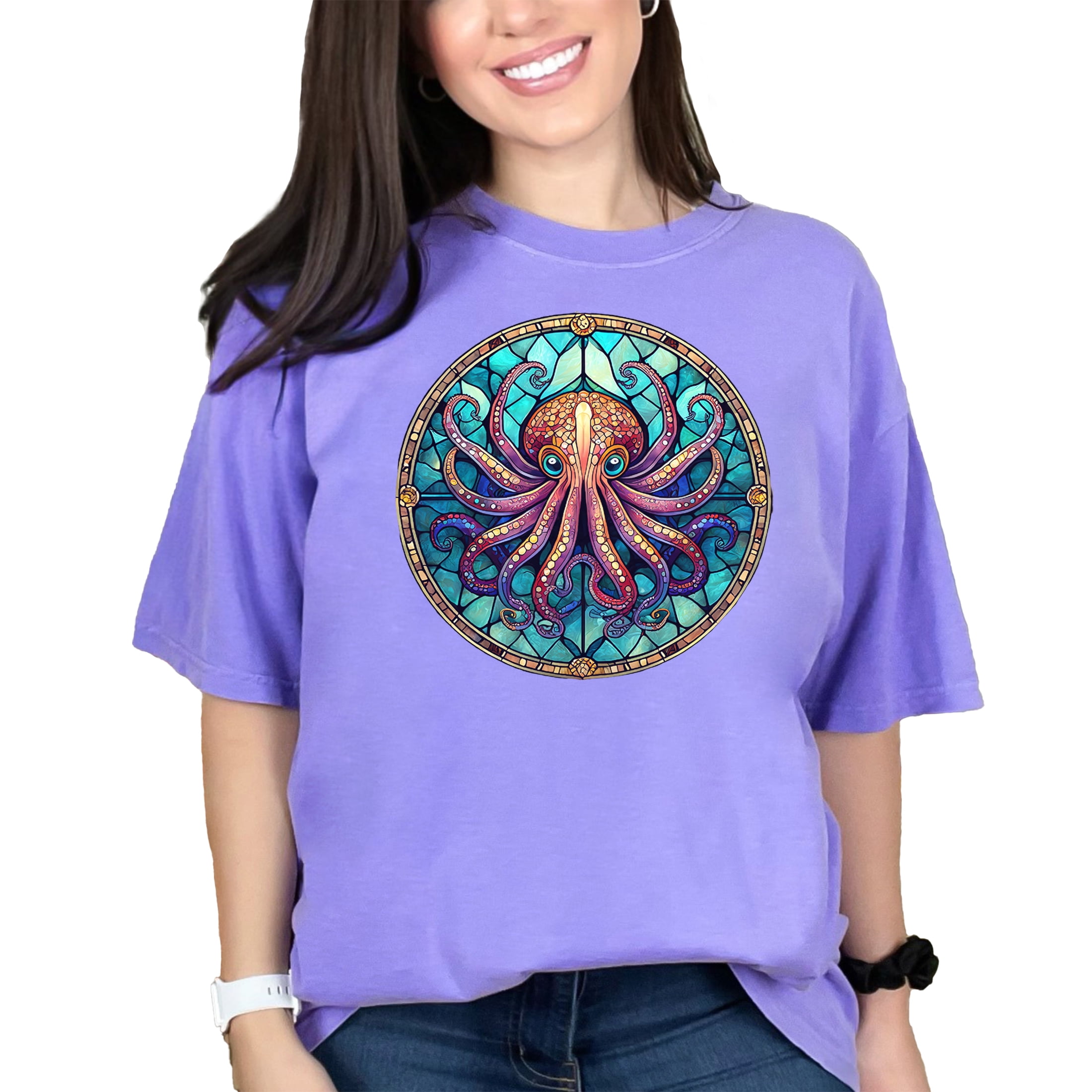 Colorful Octopus Stained Glass Art, Ocean Life Graphic, Sea Creature ...