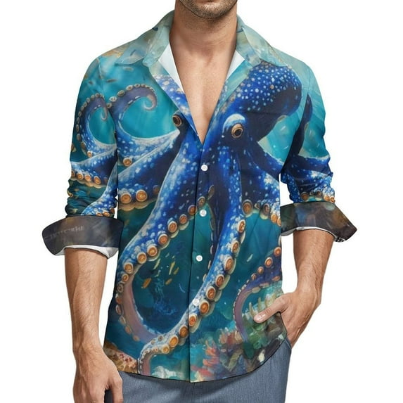 Colorful Octopus Under The Sea Hawaiian Shirt for Men Long Sleeve ...