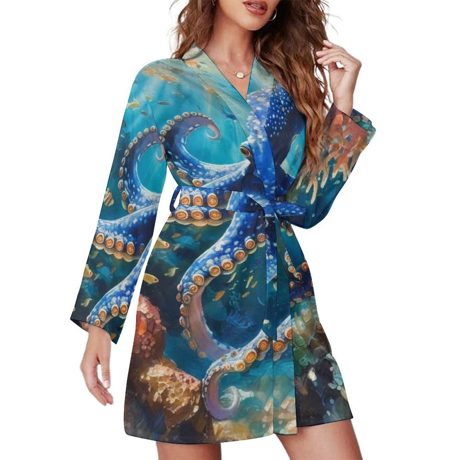 Colorful Octopus Under The Sea Night Robe Long Sleeve V Neck Robe With ...