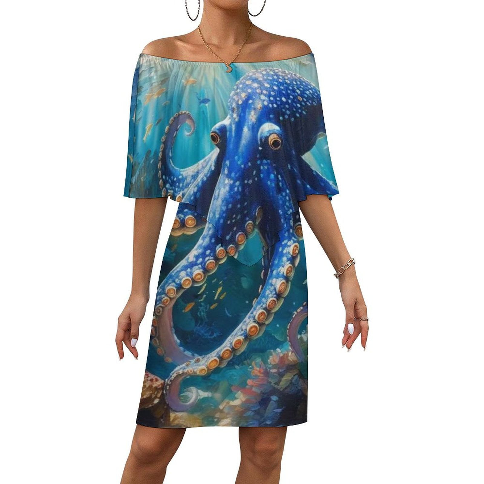 Colorful Octopus Under The Sea Women's Off The Shoulder Ruffles Summer ...