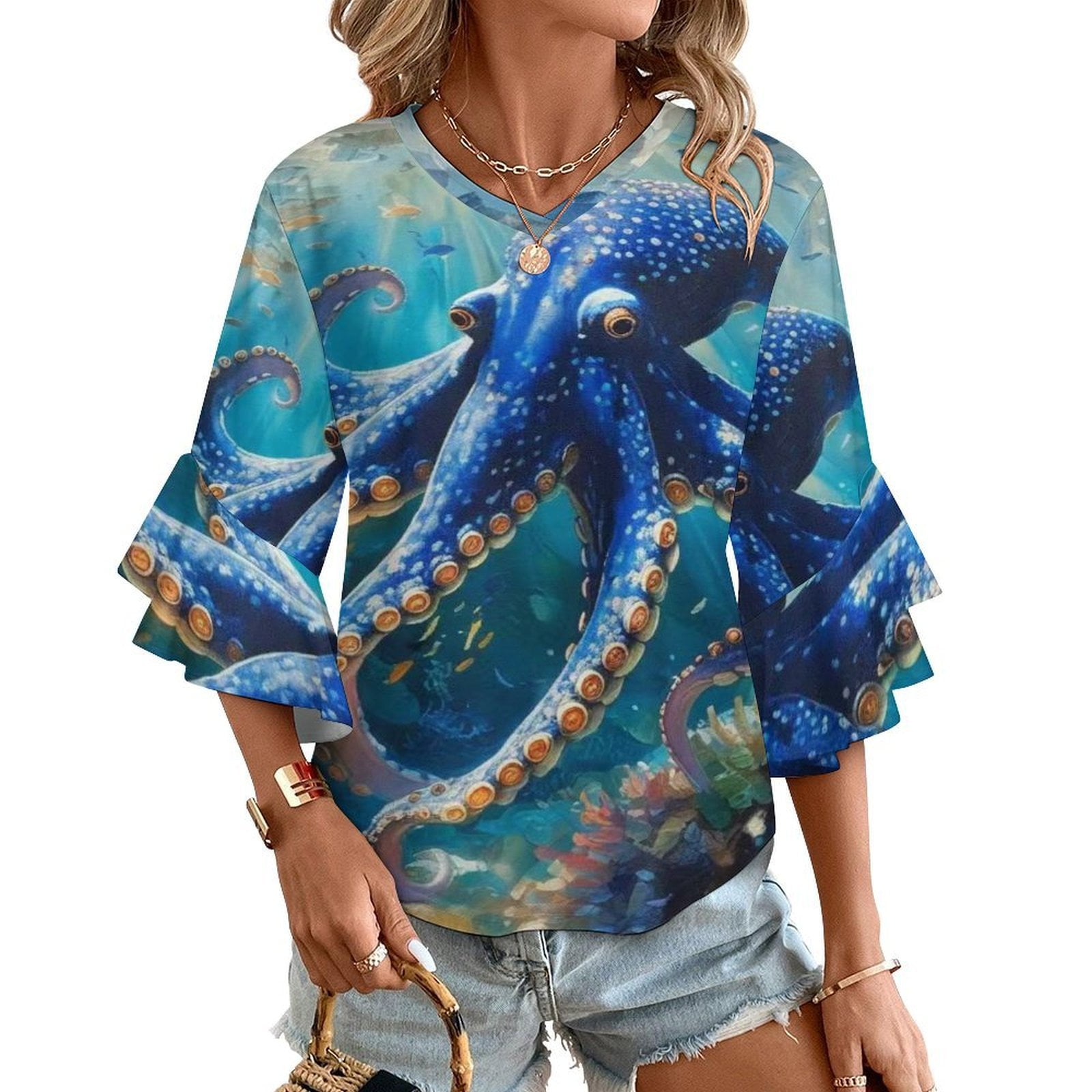 Colorful Octopus Under The Sea Women's V-Neck Blouse With 3/4 Ruffled ...