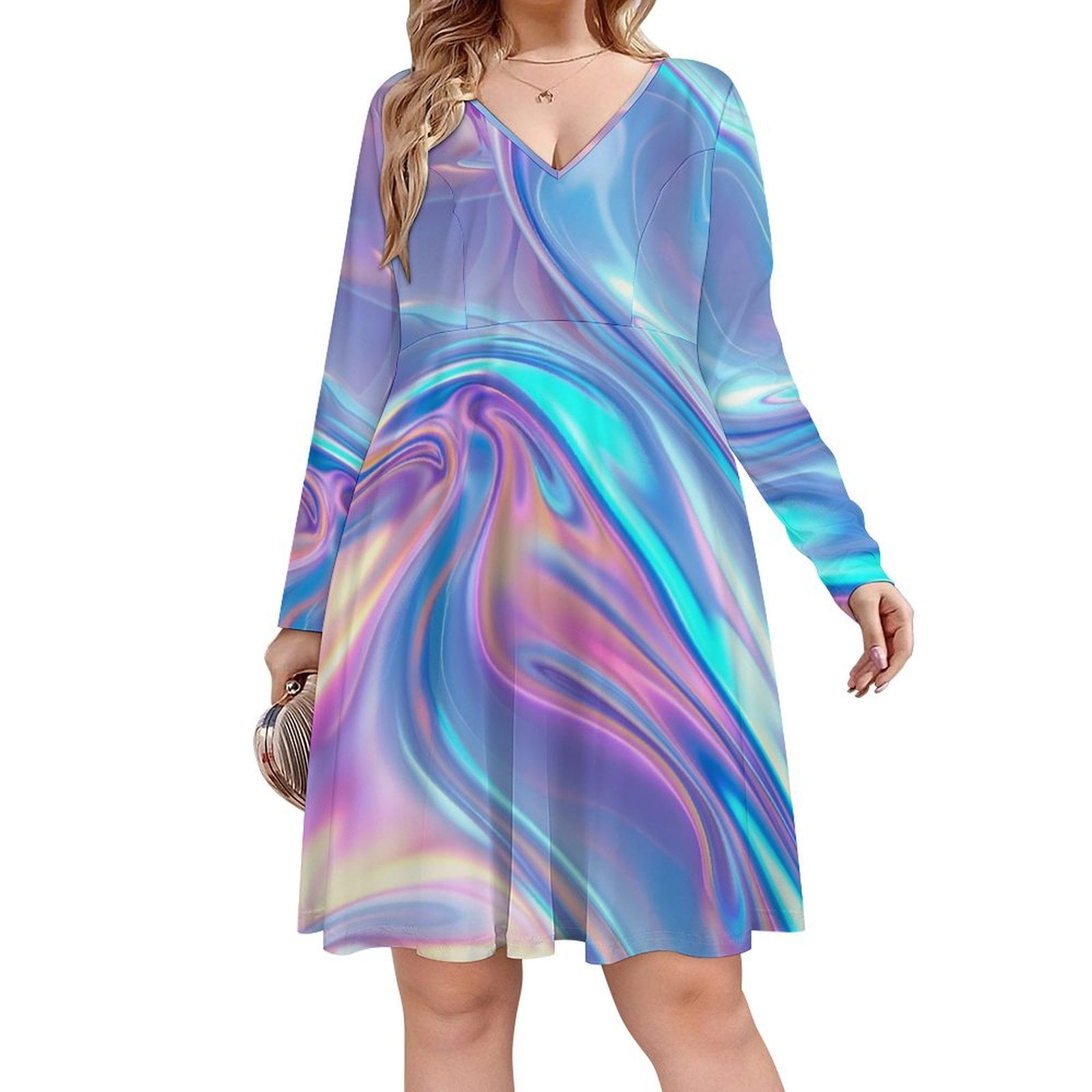 Colorful Oil Paint Long Sleeve Dresses For Women Vintage Elegant Party Dress Oversized V-neck ...