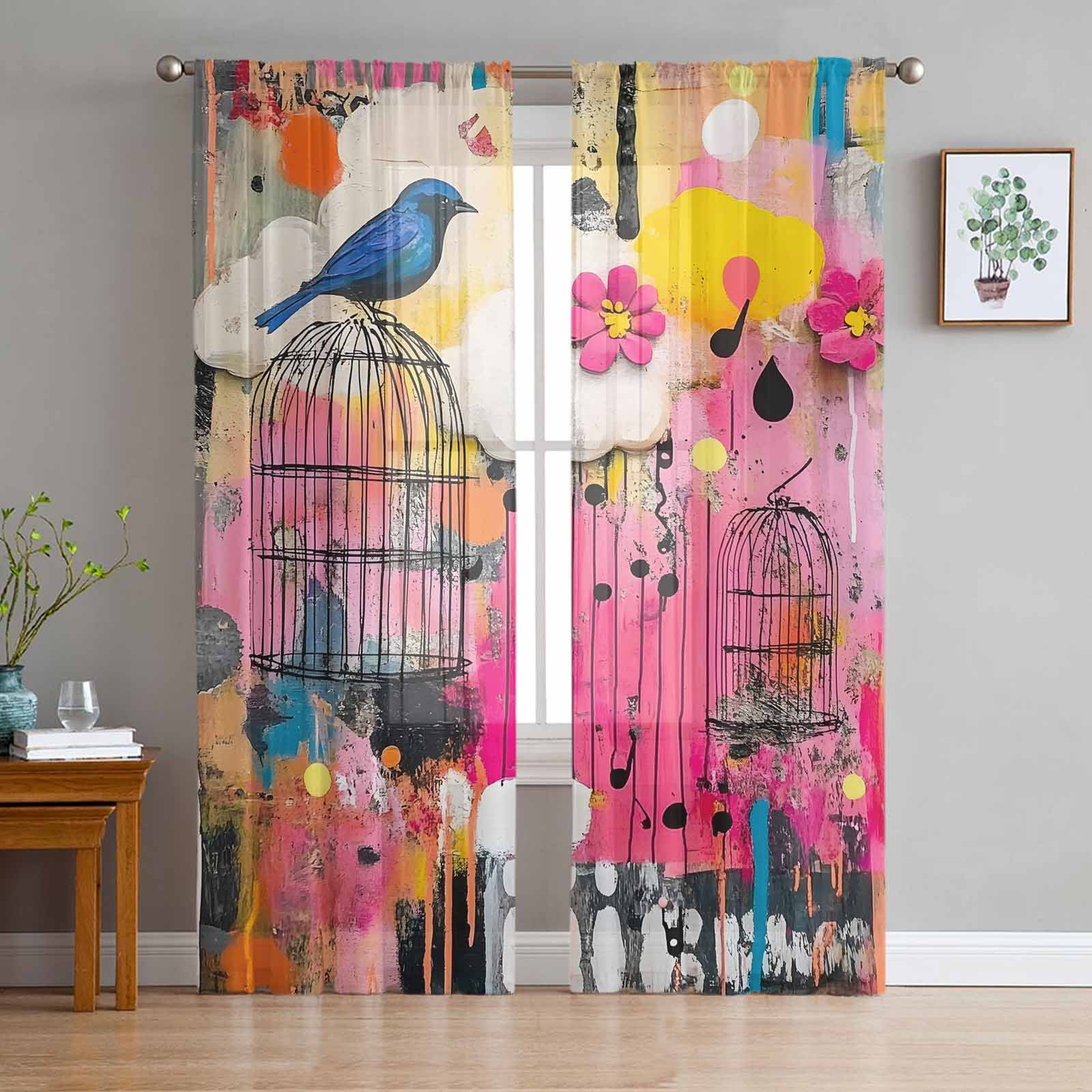 Colorful Oil Painted Sheer Curtains 72 Inch Length 2 Panels Set for ...