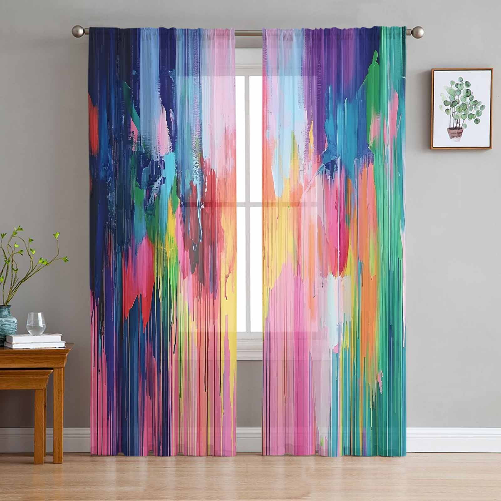Colorful Oil Painted Sheer Curtains 84 Inch Length 2 Panels Set for ...