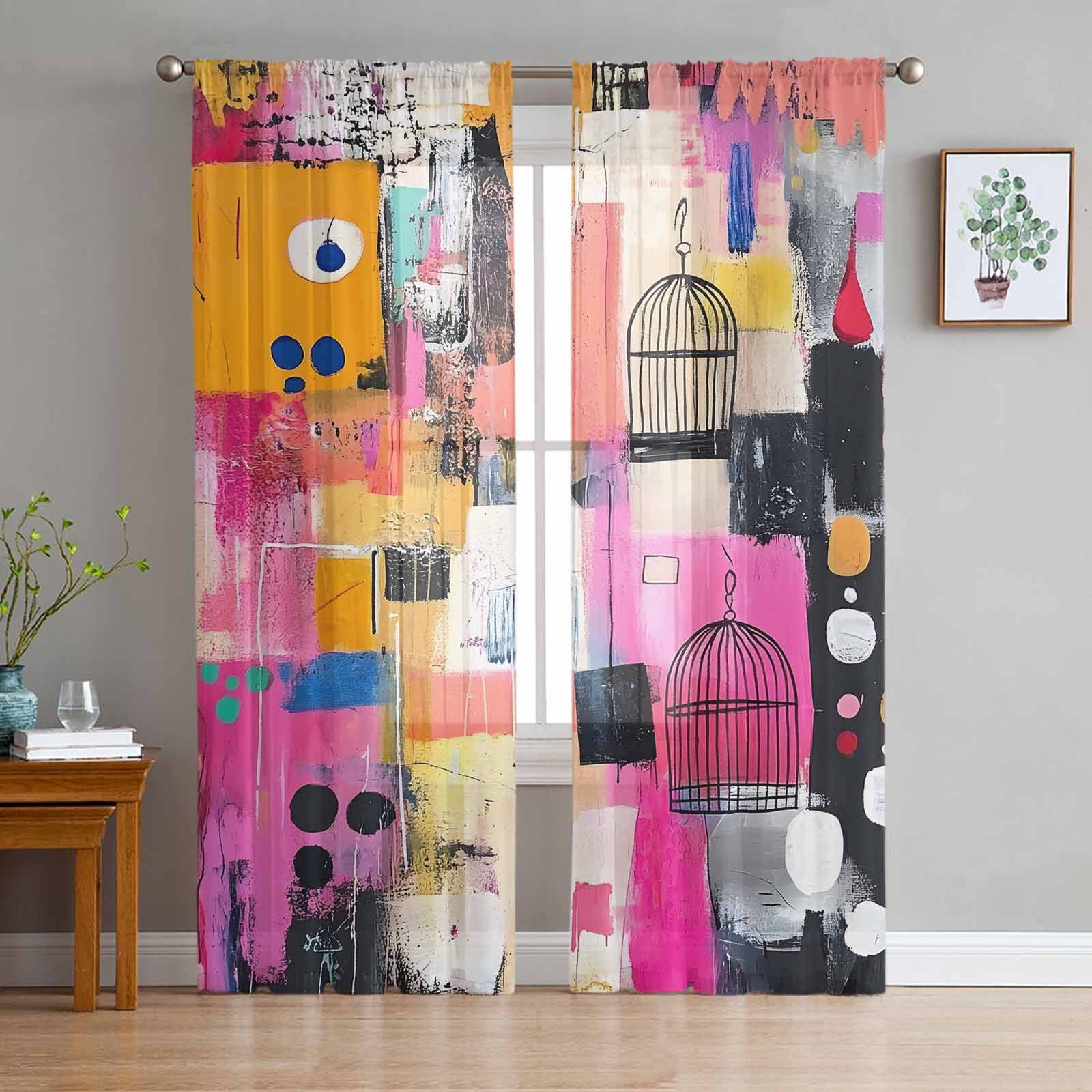 Colorful Oil Painted Sheer Curtains 96 Inch Length 2 Panels Set for ...