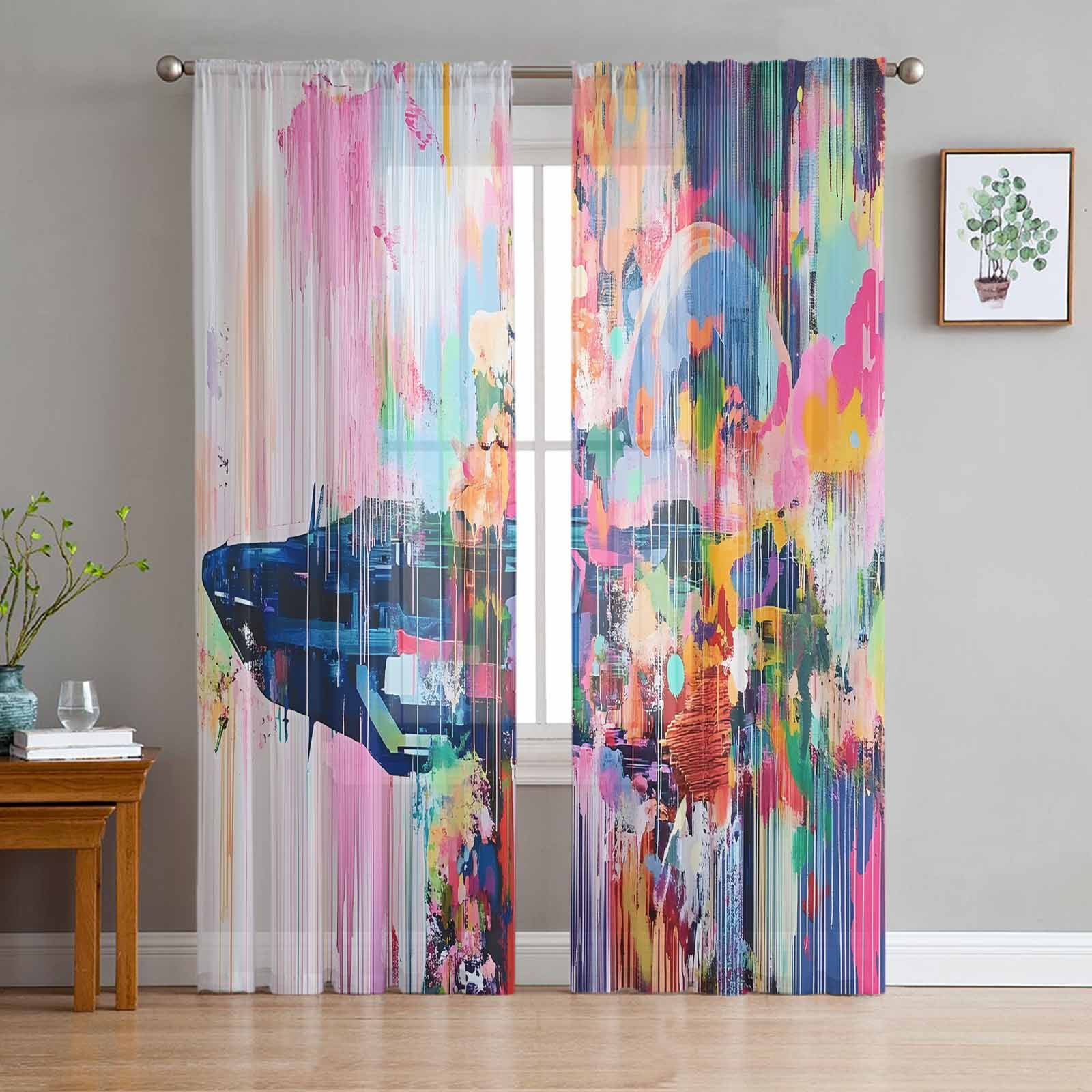 Colorful Oil Painted Sheer Curtains 96 Inch Length 2 Panels Set for ...