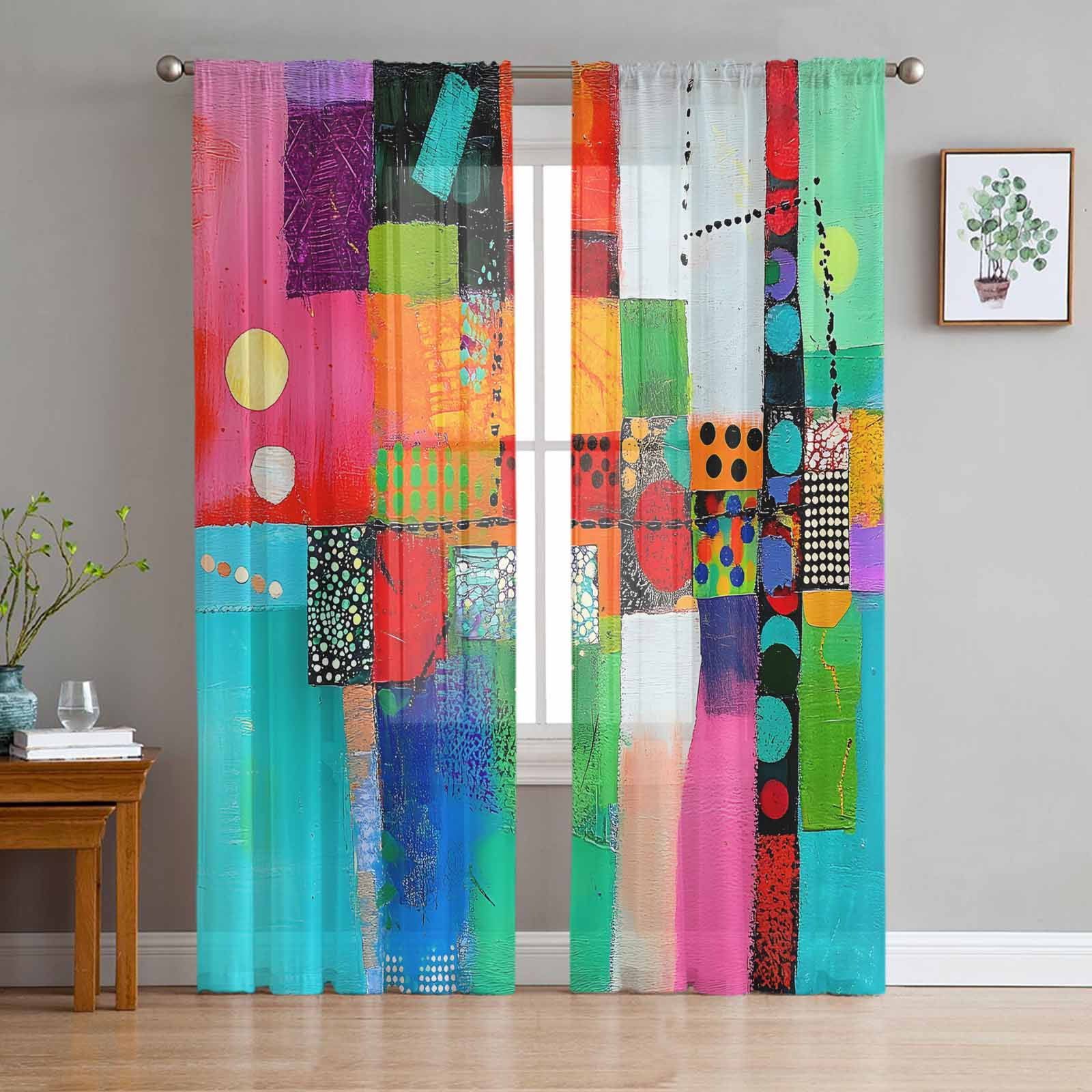Colorful Oil Painted Sheer Curtains 96 Inch Length 2 Panels Set for ...