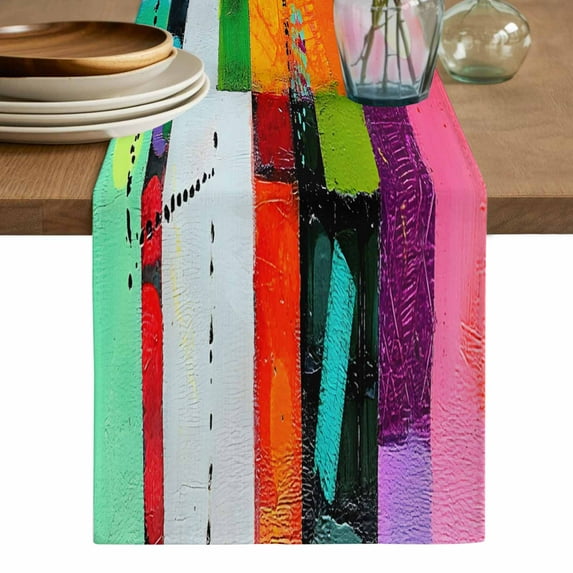 Colorful Oil Painted Table Runner, Modern Abstract Art Vintage Washable ...