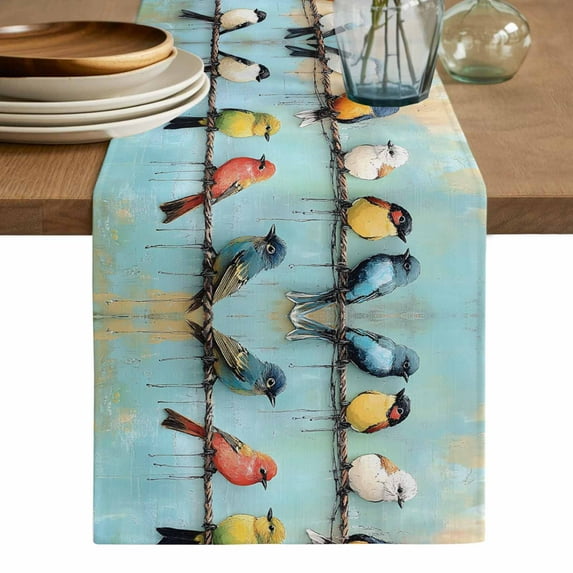 Colorful Oil Painting Table Runner, Vintage Spring Birds Animals ...
