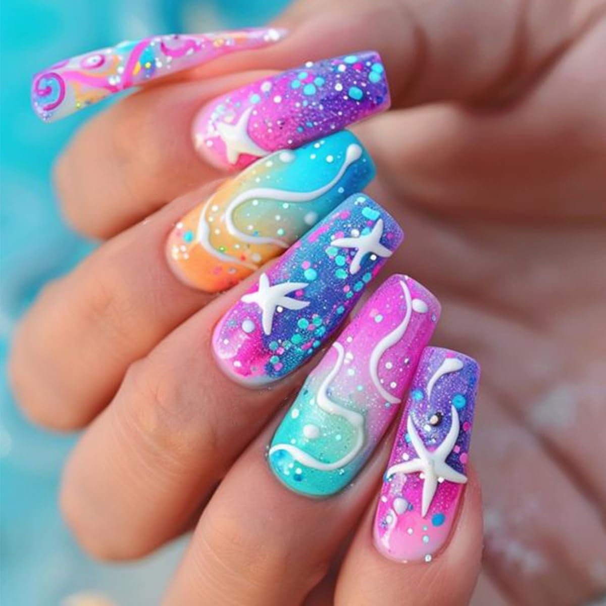 Colorful Ombre Press on Nails Medium Square - Summer Fake Nails Ocean ...