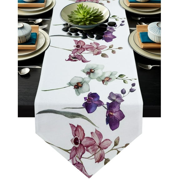 Colorful Orchid Flower Plant Art Cotton Linen Table Runner Dining Table ...