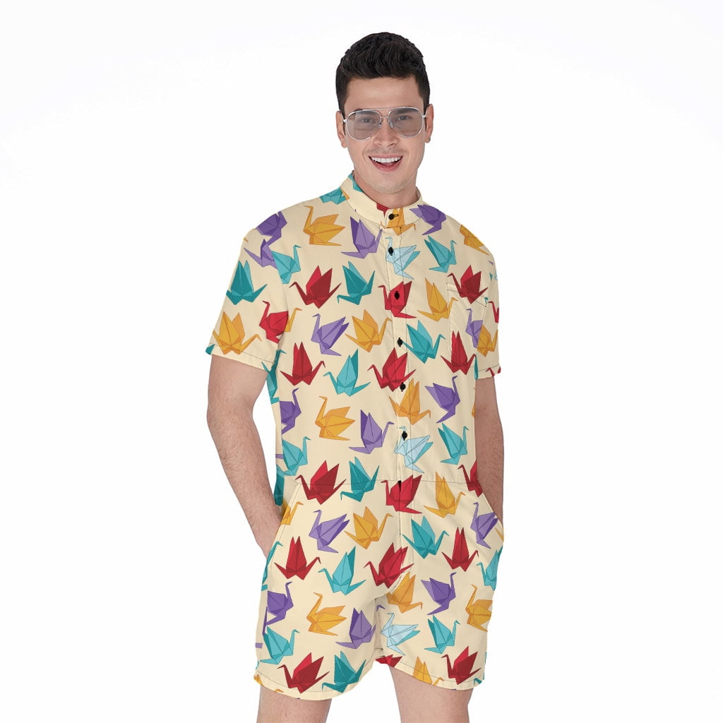 Colorful Origami Crane Pattern Short Sleeve Men'S Rompers Casual Summer ...