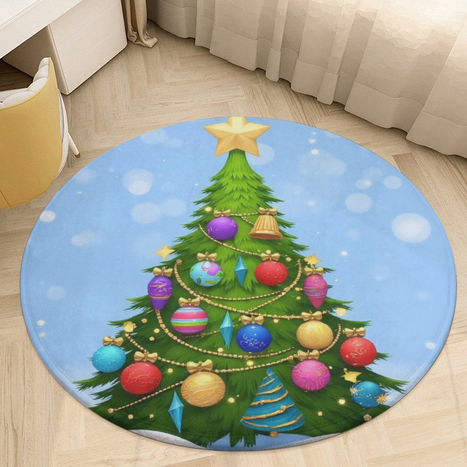 Colorful Ornaments on Christmas Tree Round Area Rugs for Bedroom Living ...