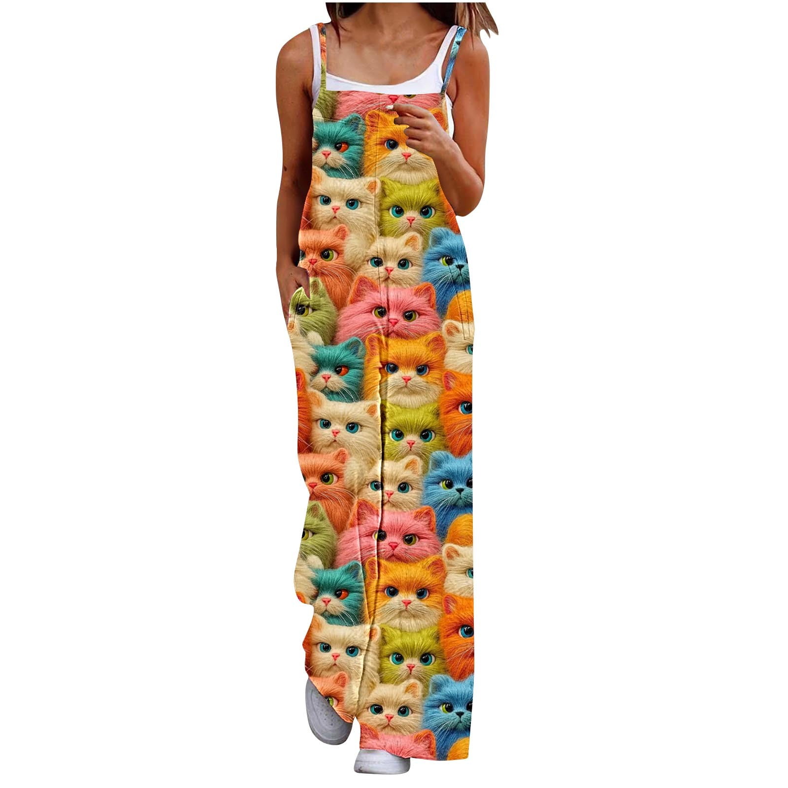 Colorful Overalls for Women Fall Summer Cat Graphic Loose Fit Lounge ...