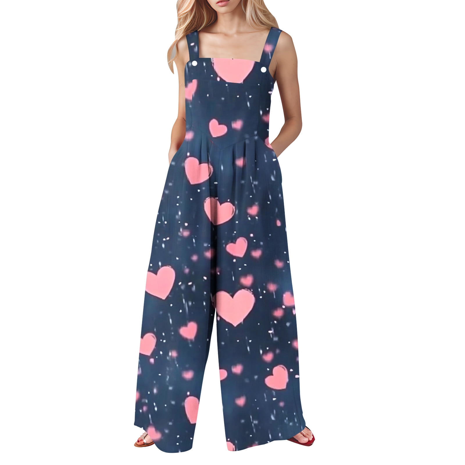 Colorful Overalls for Women Fall Summer Faux Linen Love Print Loose Fit ...