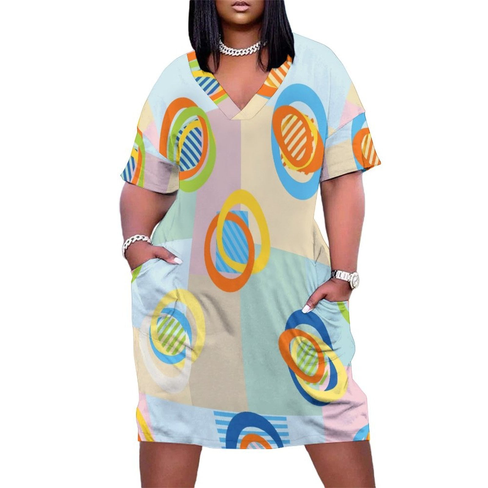 Colorful Overlapping Circles Geometric Pattern Loose Pocket Dress ...