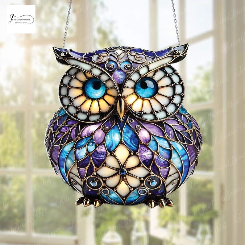 Colorful Owl Acrylic Window Hanging, Decorative Home Ornament, Unique ...