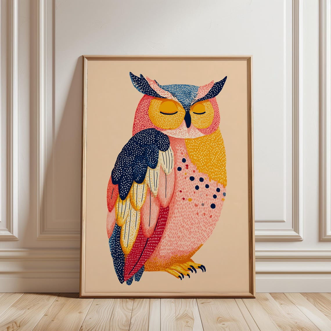 Colorful Owl Poster Modern Folk Illustration Pink Yellow Navy Decor ...