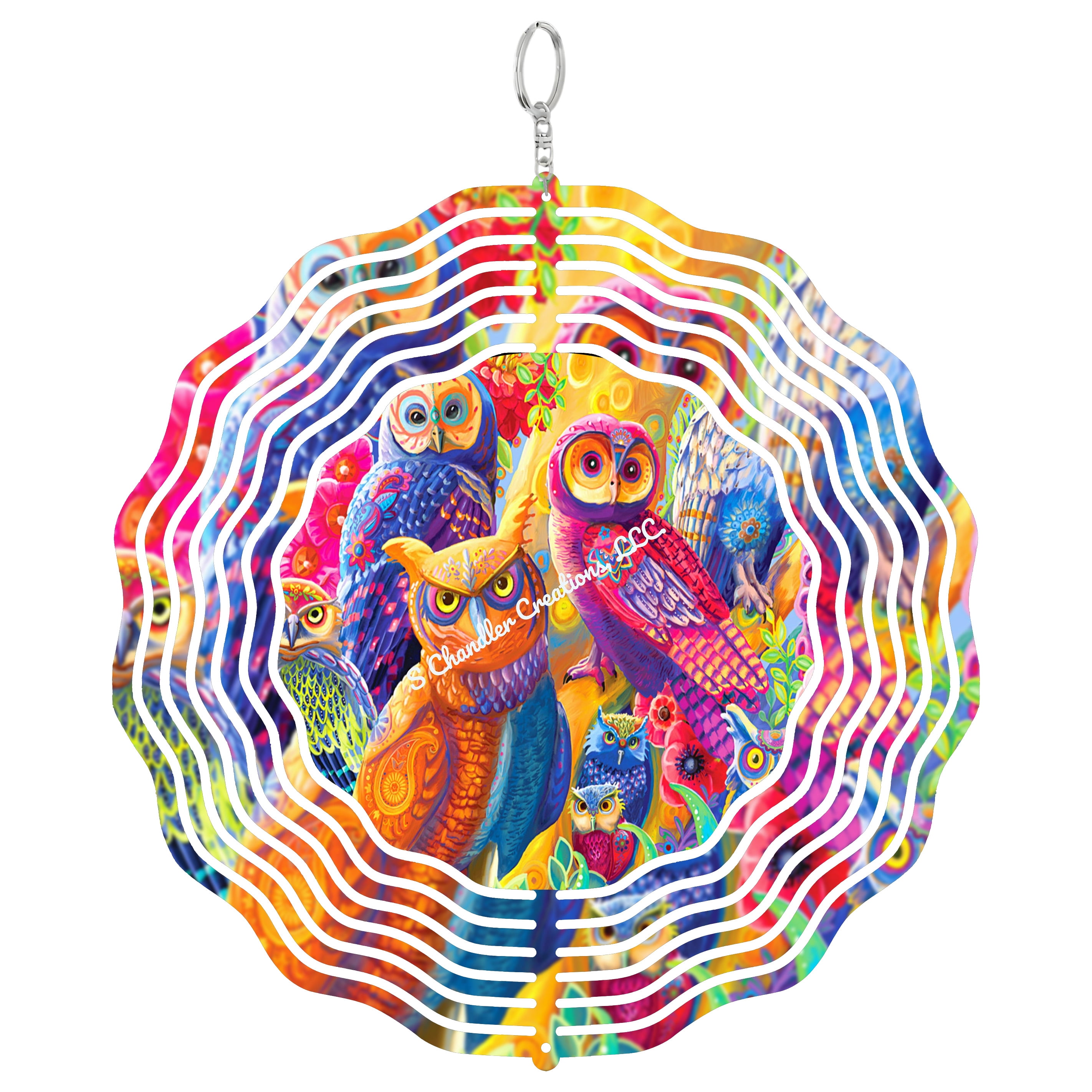 Colorful Owl Round 3D Wind Spinner, UV Coated Bird Hanging Ornament ...