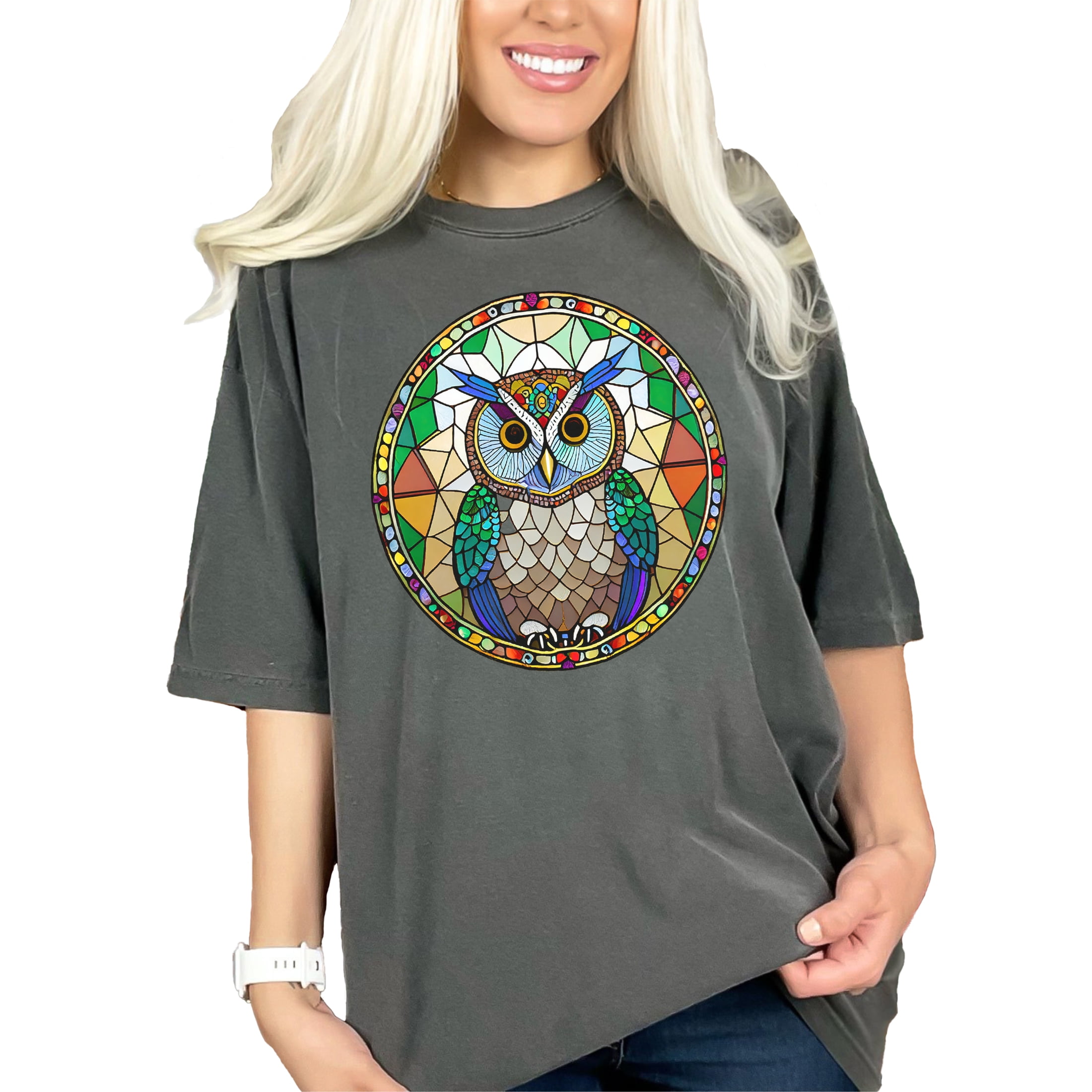 Colorful Owl Stained Glass Art Design T-Shirt, Unique Animal Print Tee ...