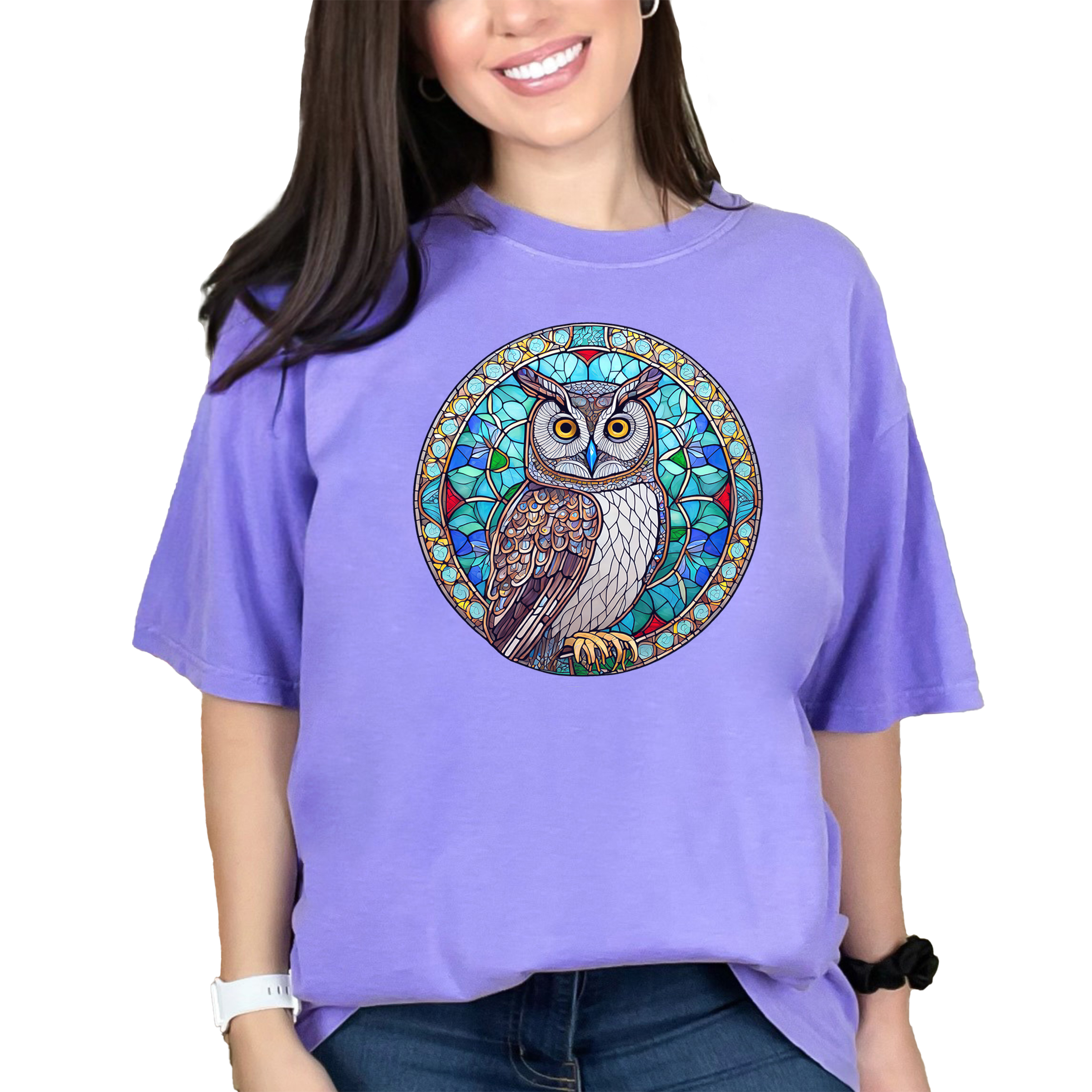 Colorful Owl Stained Glass Art Print, Owl Mandala Circular Design Shirt ...