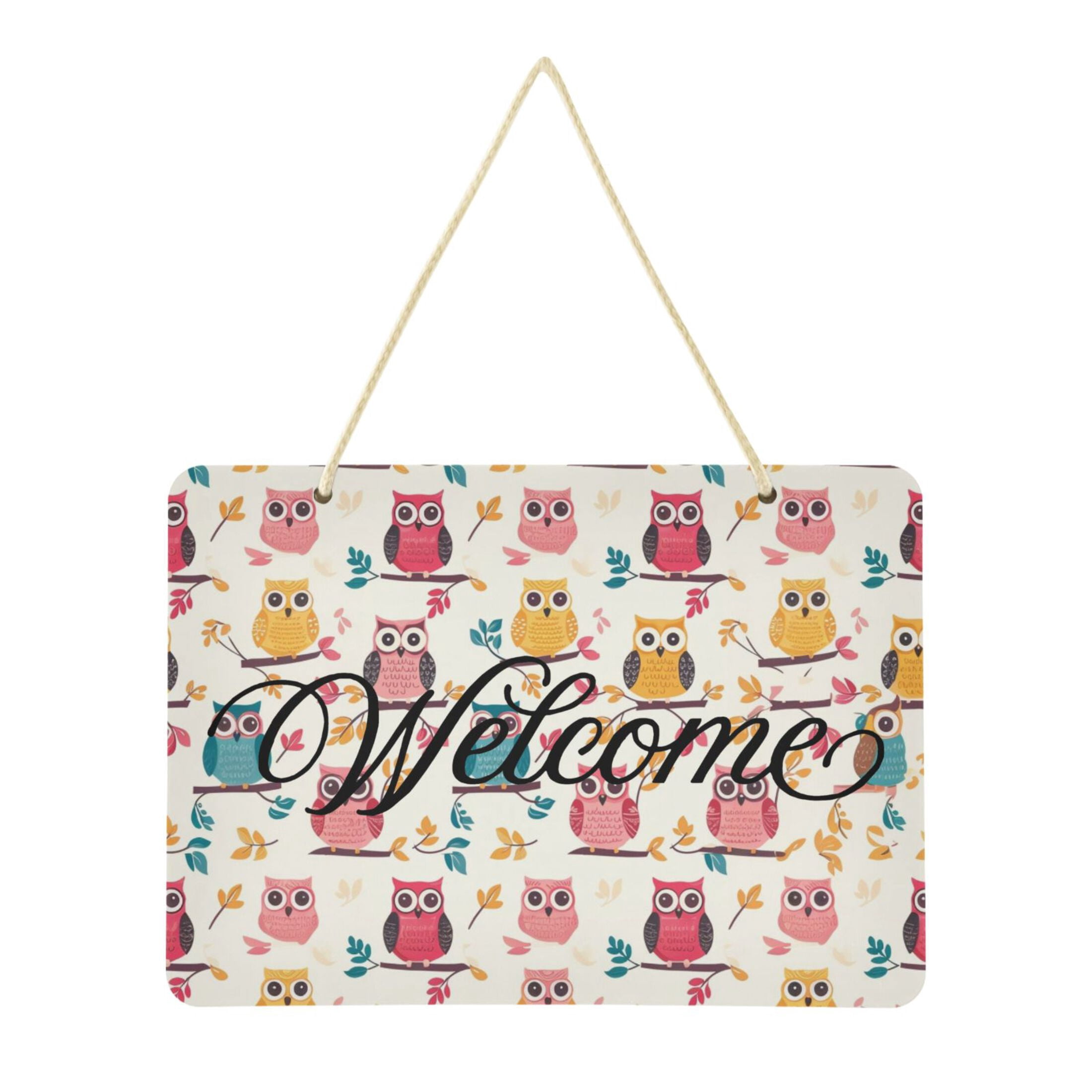 Colorful Owls on Branch Welcome Sign Front Door PVC 14x10 inch Hanger ...