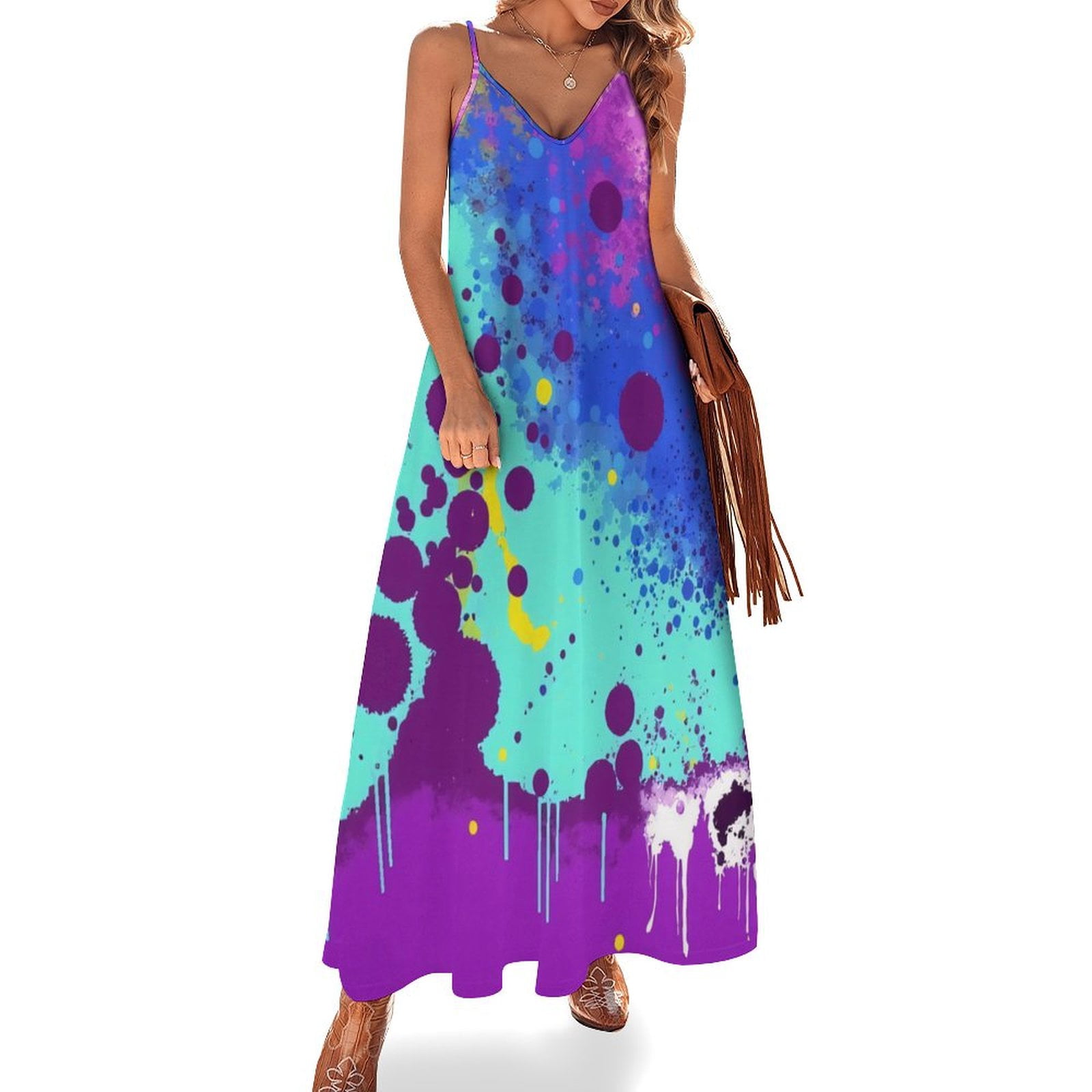 Colorful Paint Splatter Background Sleeveless Dress Woman Fashion Long ...