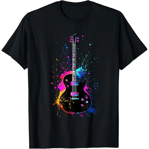 Colorful Paint Splatter Guitar for Music Lover Short Sleeve Graphic Tee ...