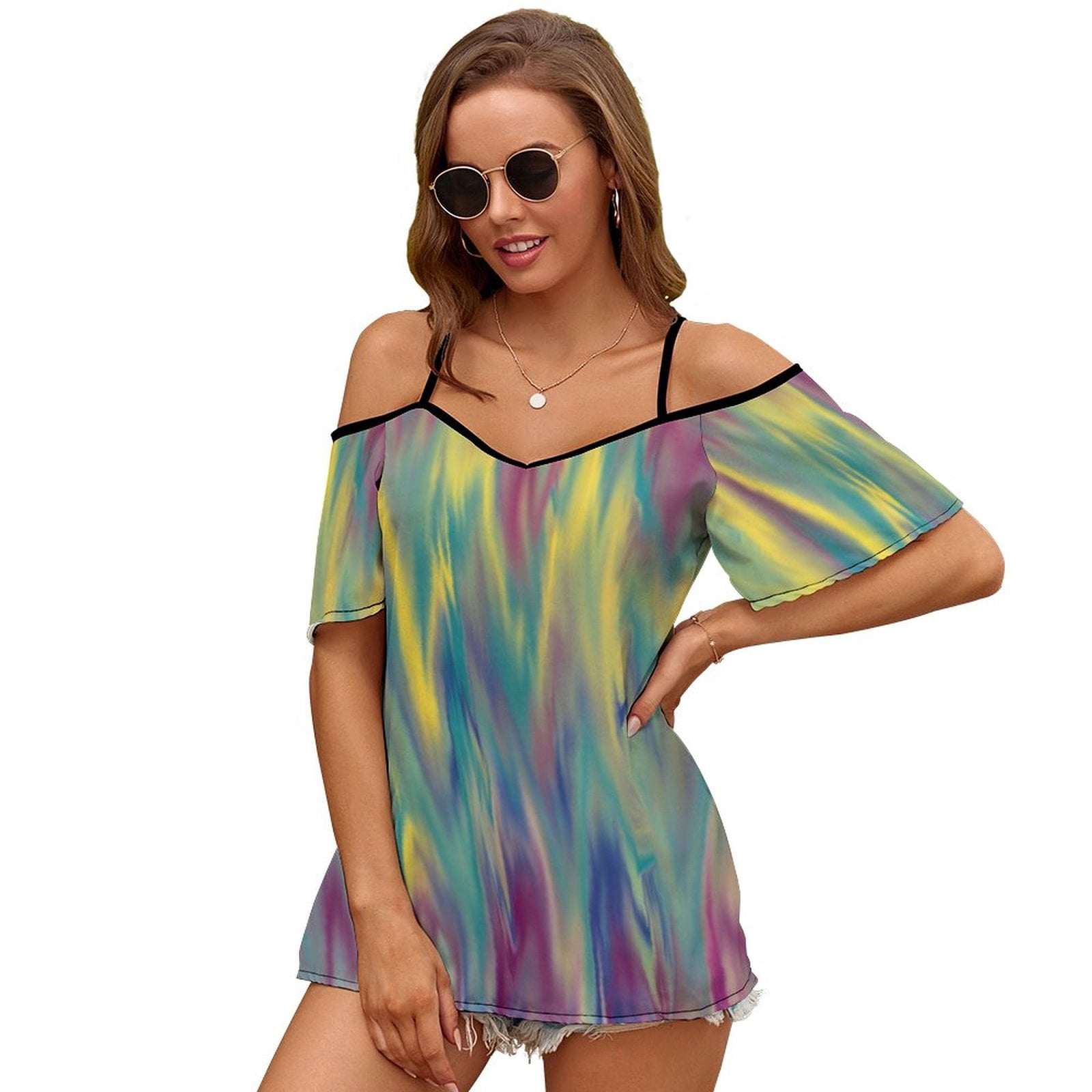 Colorful Painting Of Multiple Colors New Fashion Zip Off Shoulder Top ...