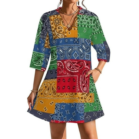 Colorful Paisley Bandana Womens Dress With Pockets Summer V Neck 3/4 ...