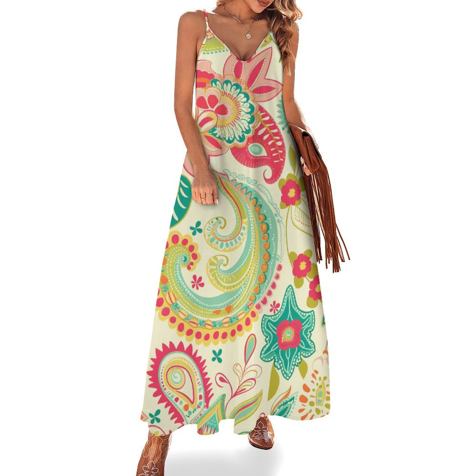 Colorful Paisley Floral Pattern Design Fabric Print Sleeveless Dress ...
