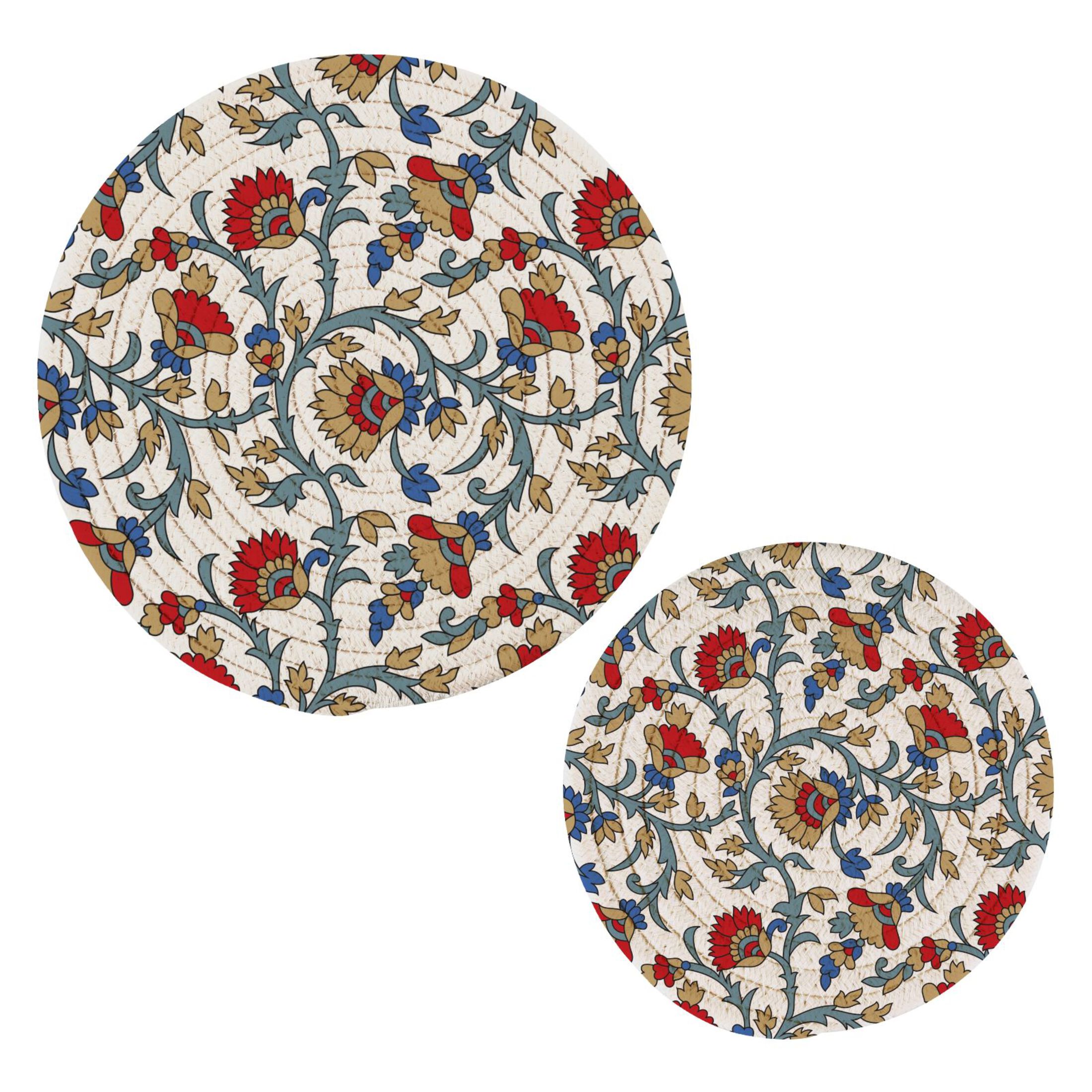 Colorful Paisley Flowers Circle Pot Holders Set Trivets 2PCs Hot Pads ...