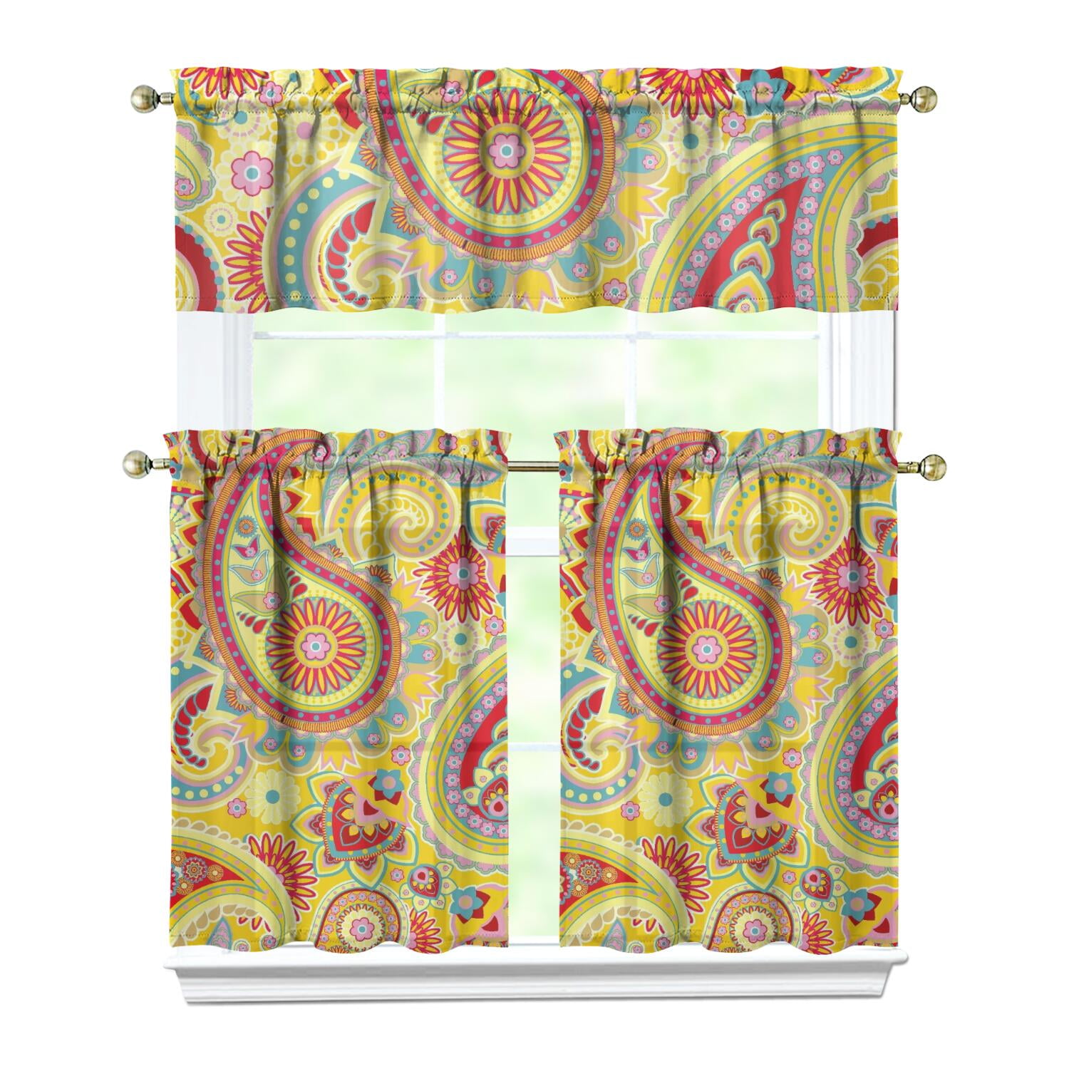 Colorful Paisley Kitchen Curtains Set - 3 Piece Bohemian Tier & Valance ...