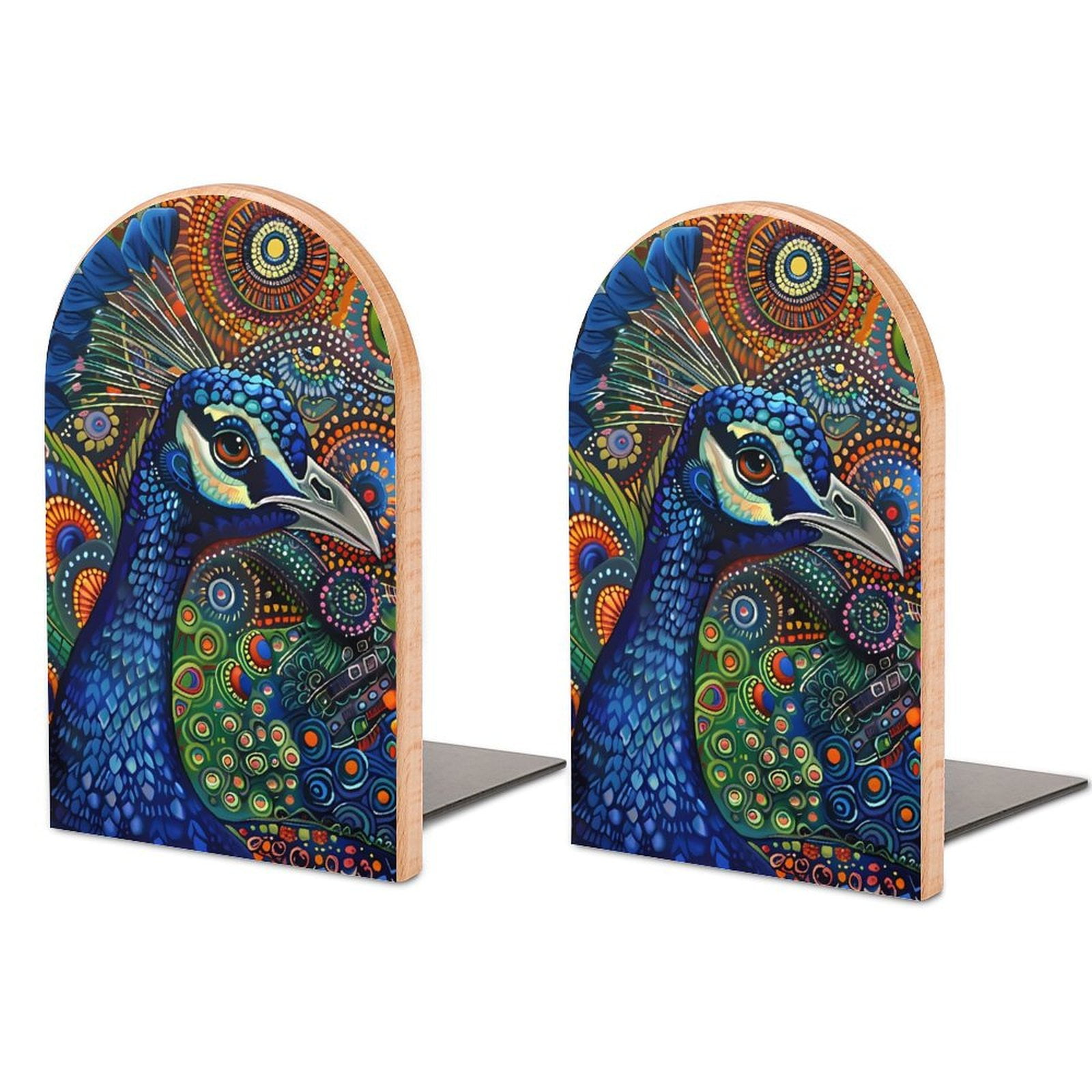 Colorful Paisley Peacock Rainbow Bird Wood Book Ends for Shelves Non ...