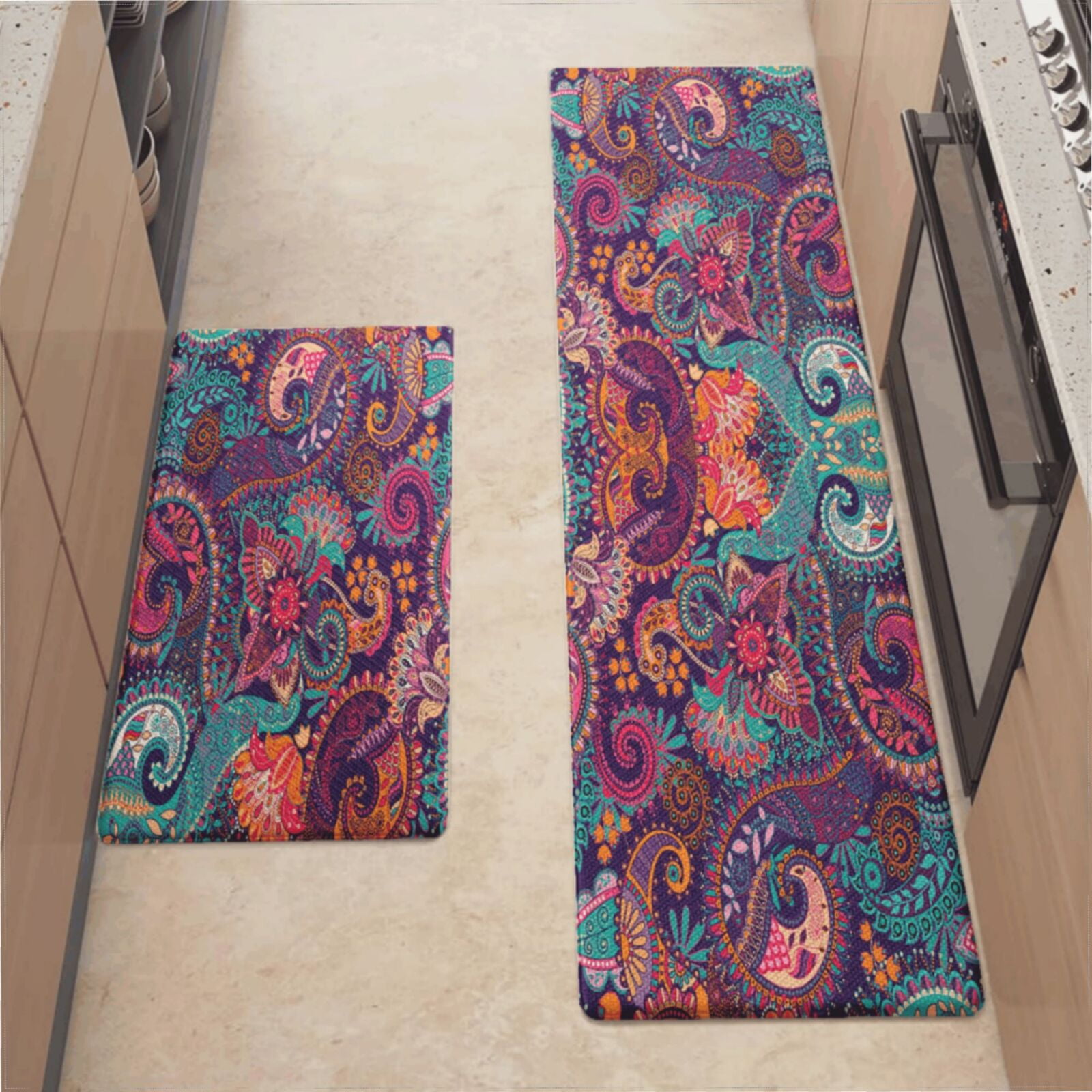 Colorful Paisley Pvc Kitchen Mat Runner 2 Pieces Non Slip Washable ...