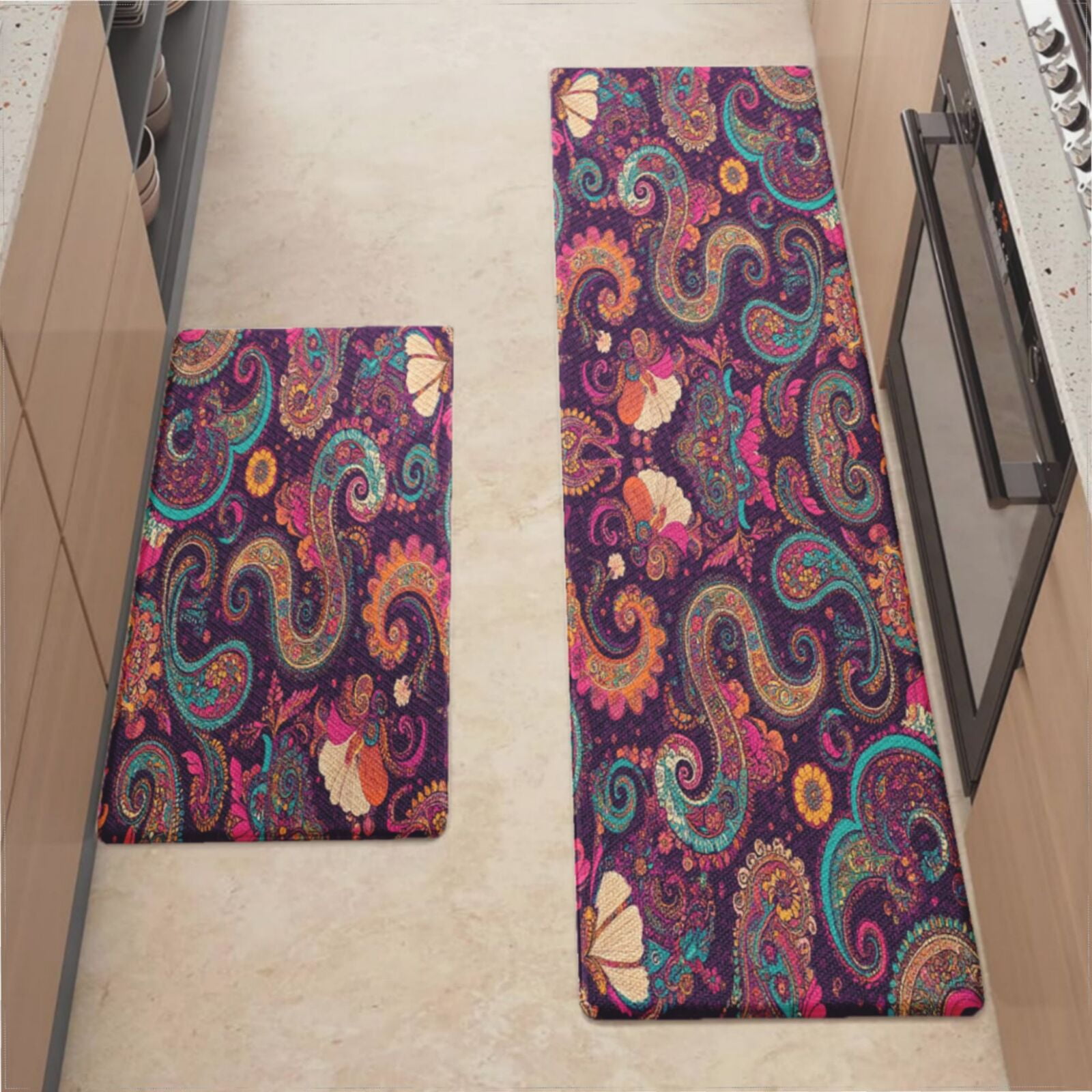 Colorful Paisley Pvc Kitchen Mat Runner 2 Pieces Non Slip Washable ...