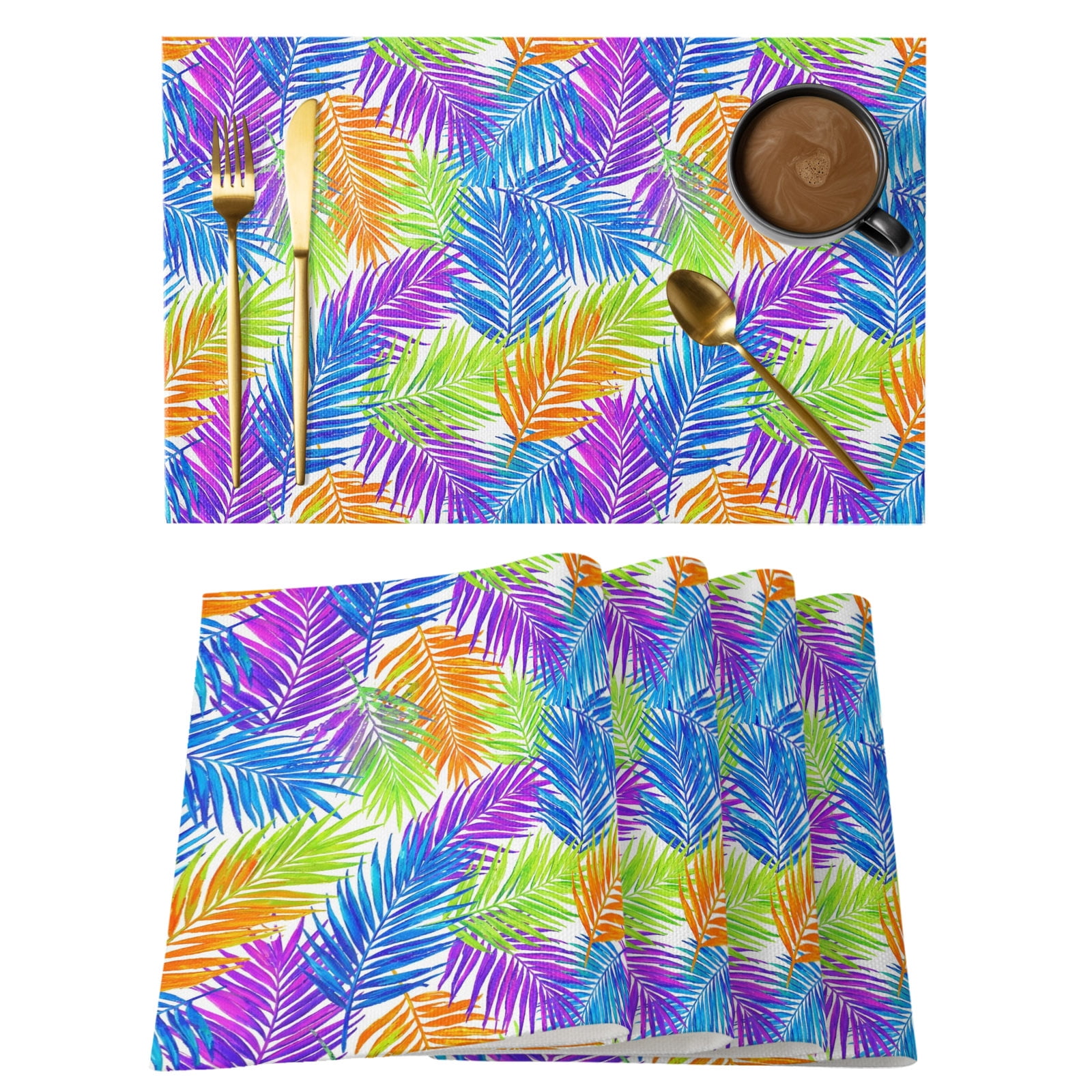 Colorful Palm Leaf Cotton Linen Placemats Set of 2, Summer Rainbow ...