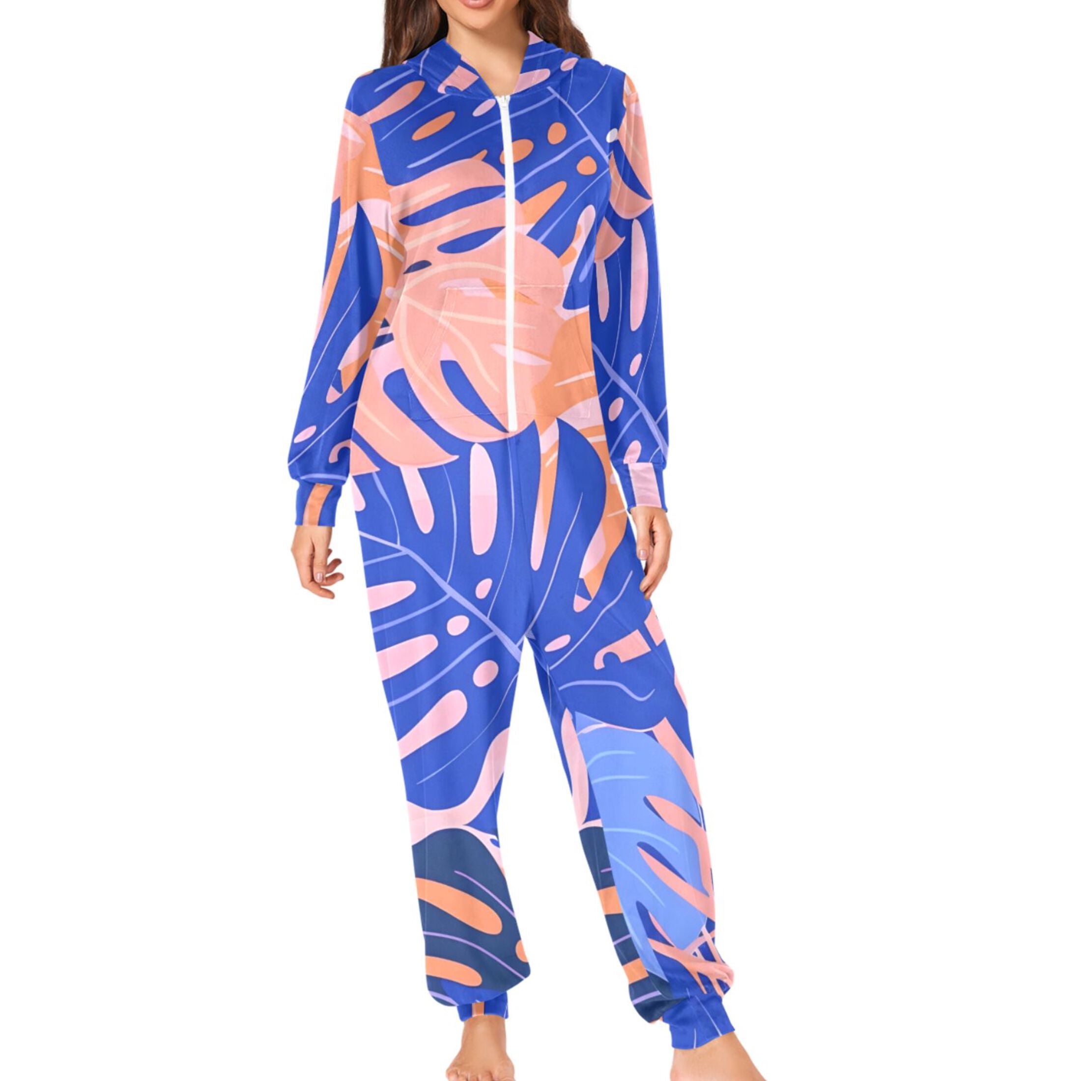 Colorful Palm Leaves Adult's Hoodie Onesie Jumpsuit One-Piece Pajamas ...